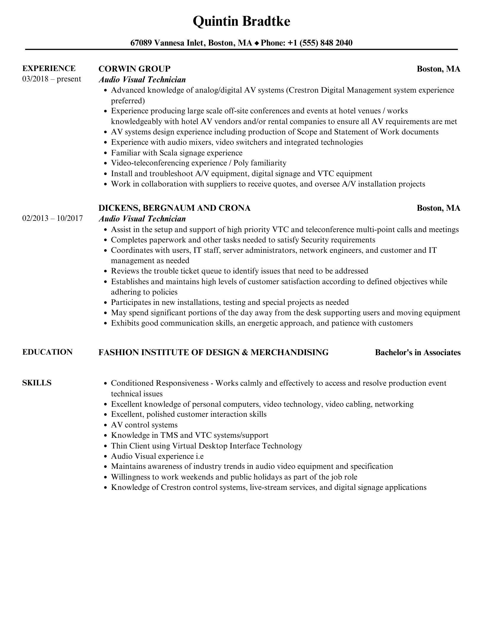 Audio Visual Technician Resume 7boombeach astuce