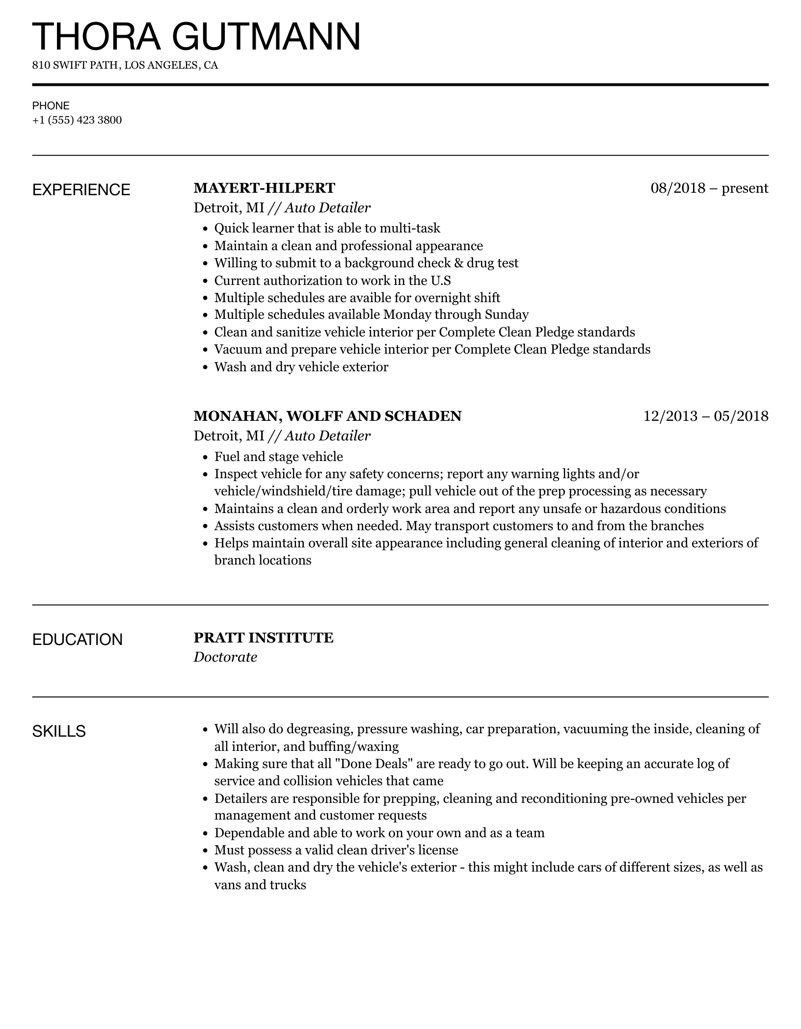 Auto Detailer Resume Samples Velvet Jobs