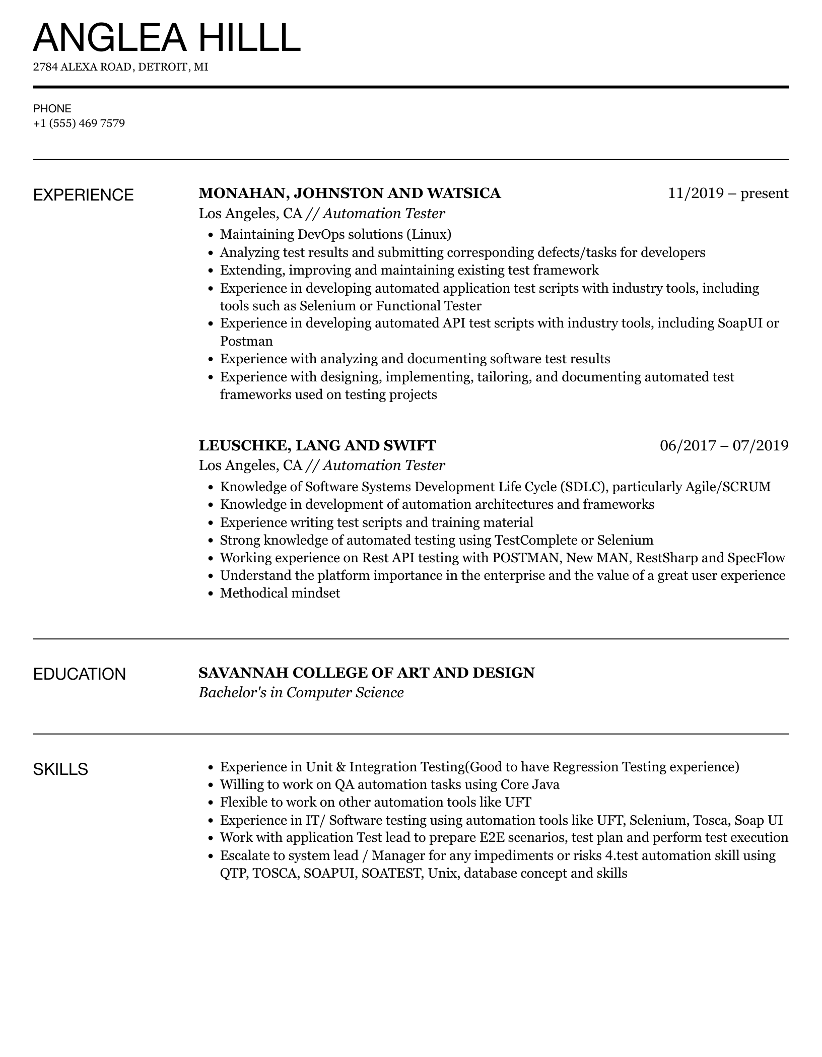 Automation Tester Roles And Responsibilities Resume