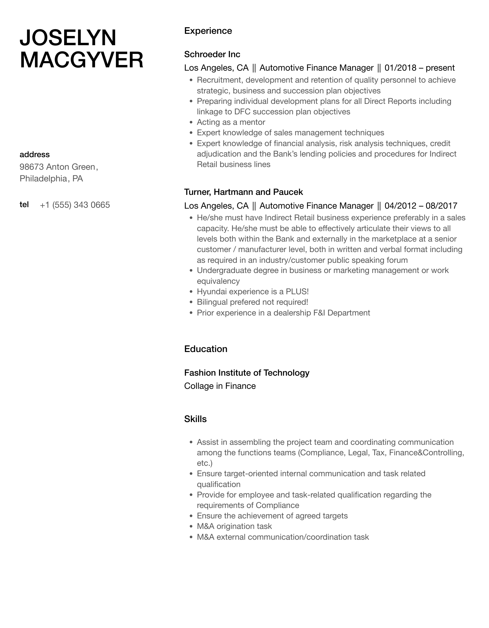 Automotive F I Manager Resume Sample