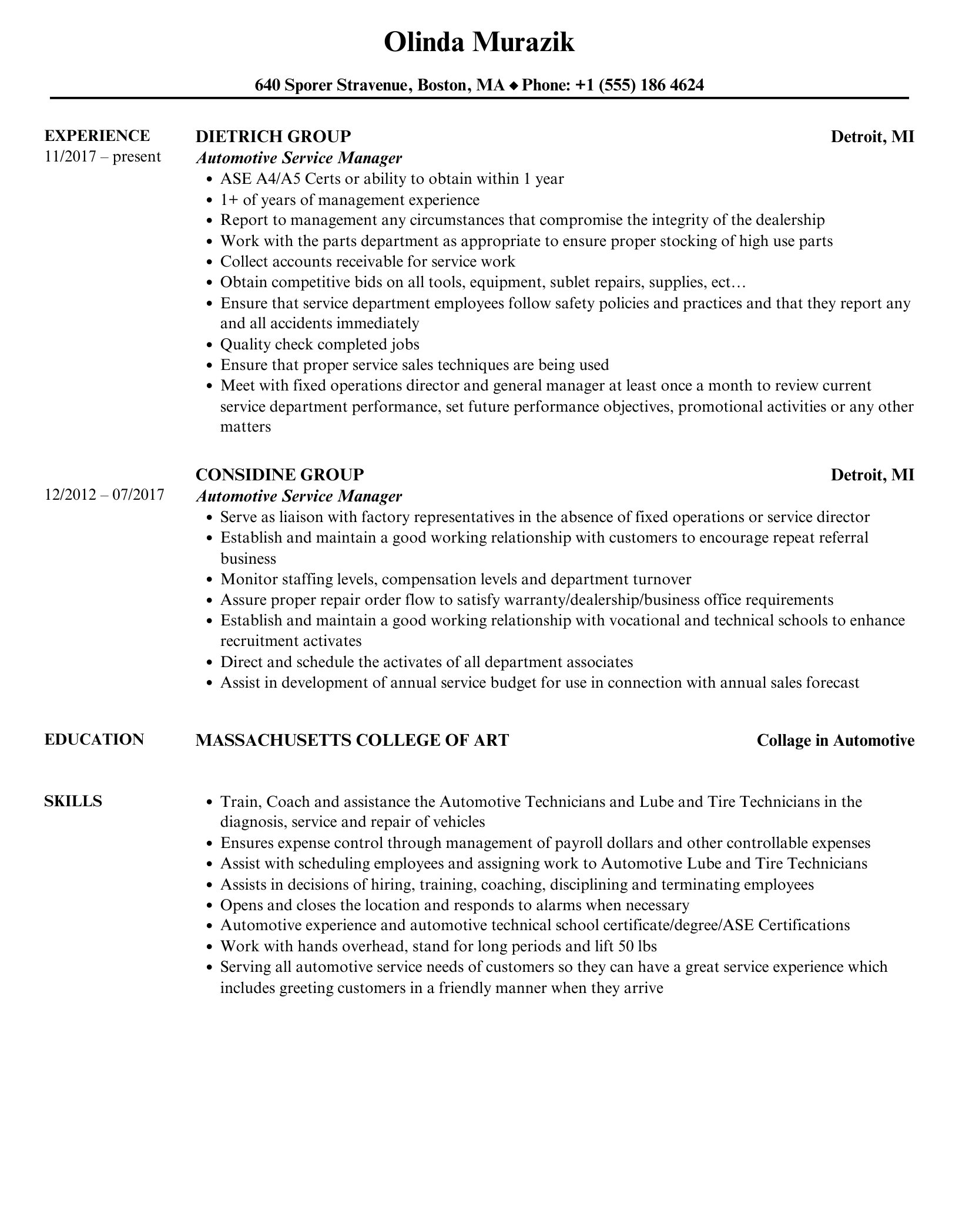 Automotive Service Manager Resume Samples Velvet Jobs