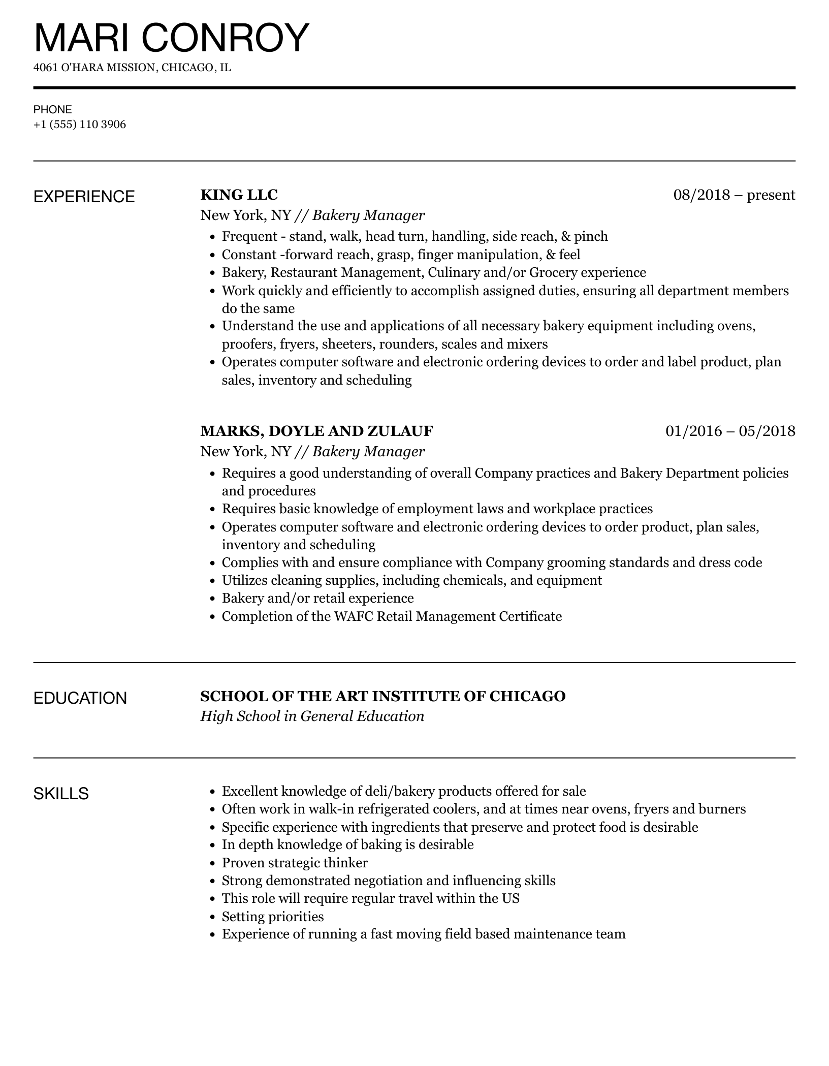 Bakery Manager Resume Hinatayiling
