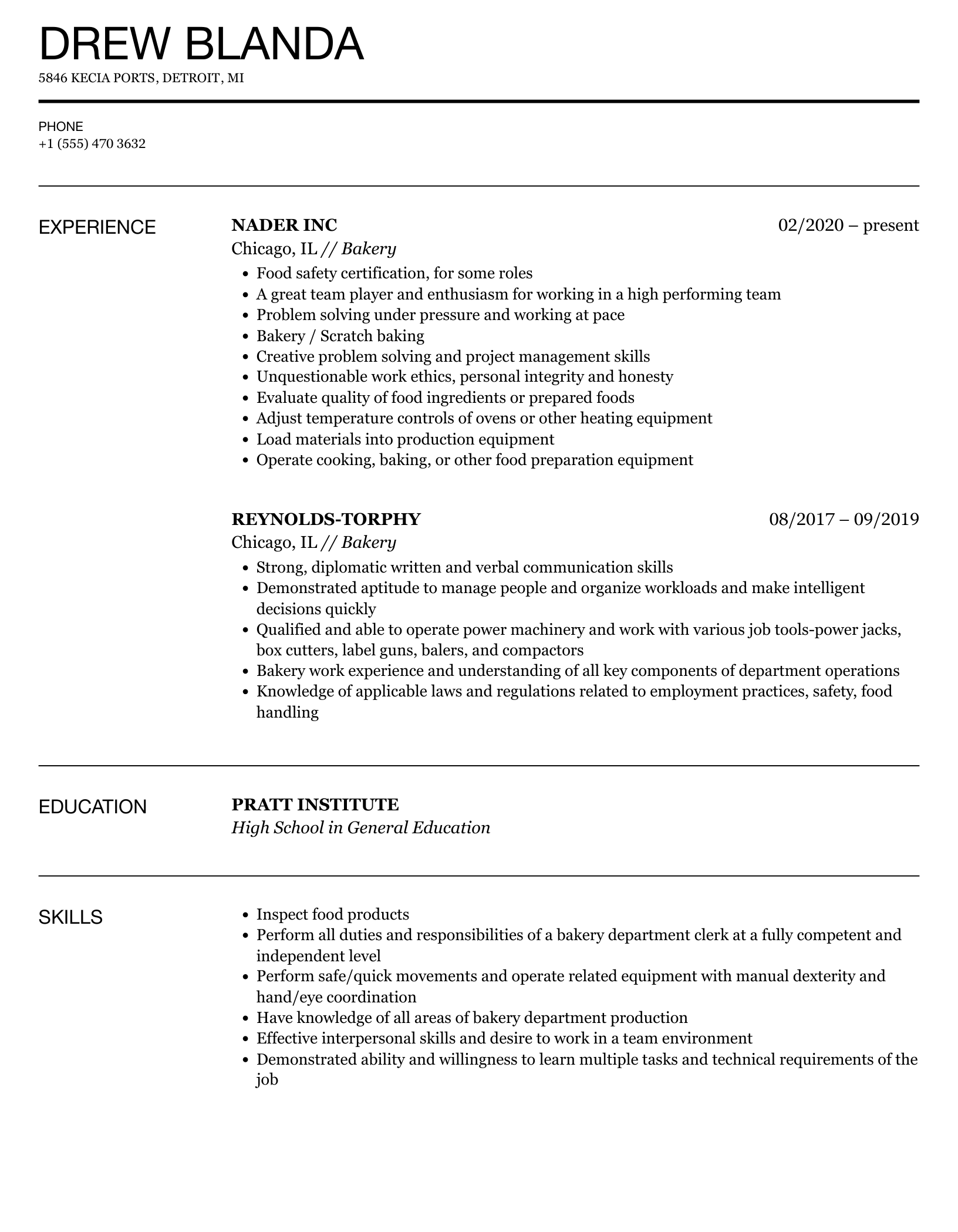 Sample Bakery Resume Meridiandoturismovenezuela
