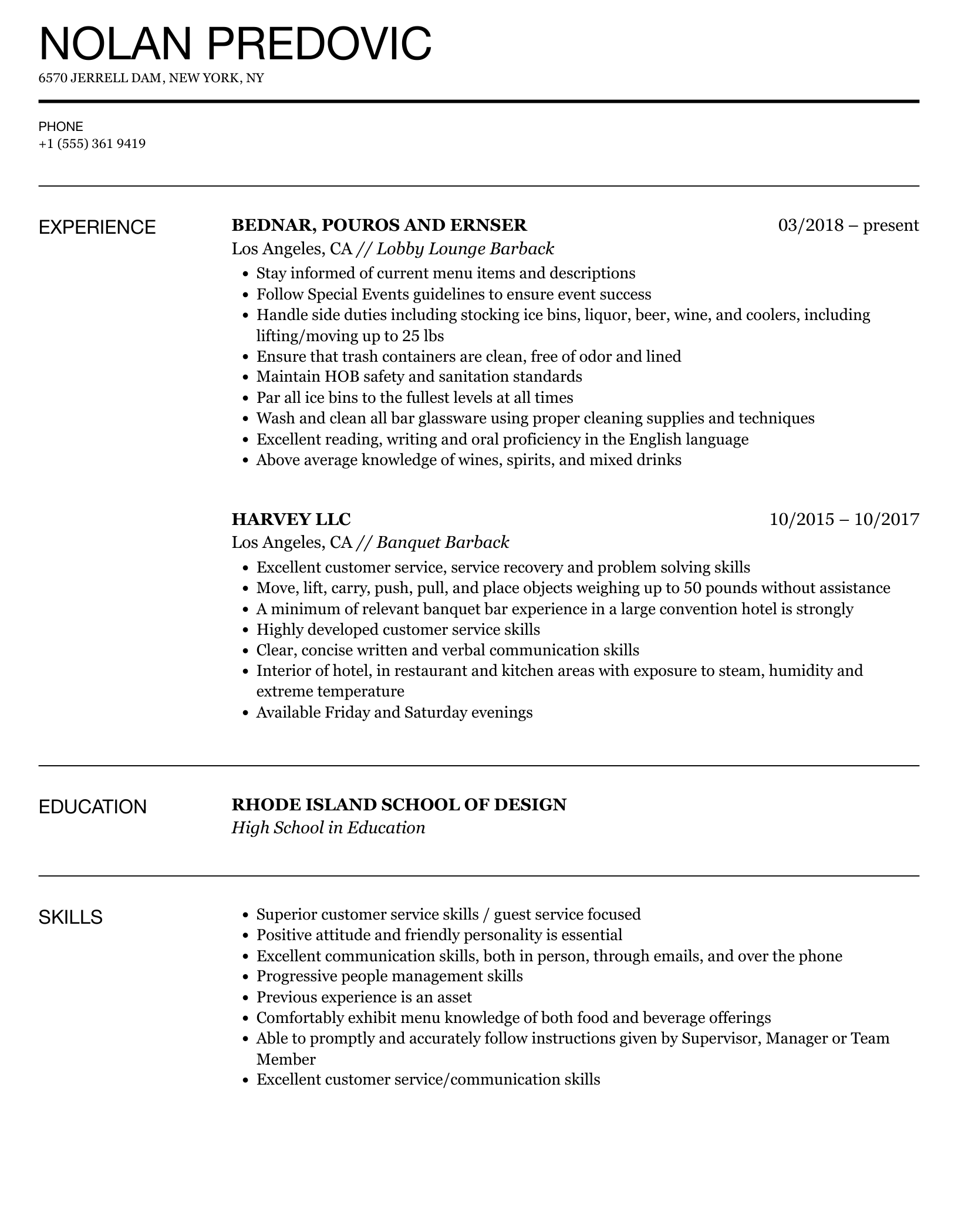 Barback Resume Samples Velvet Jobs