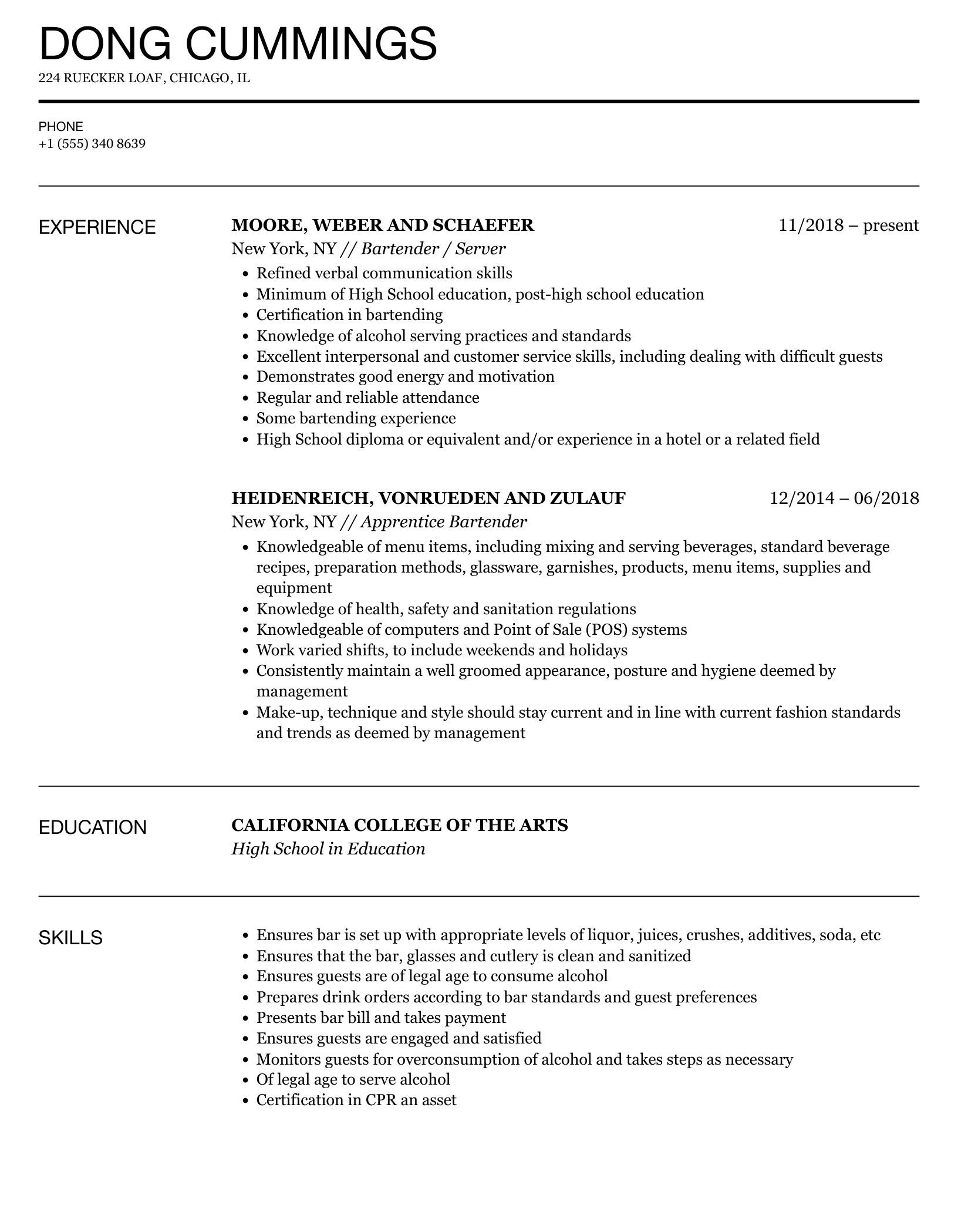 Bartender Resume Summary Ontariofamilycourtsrequirechanging