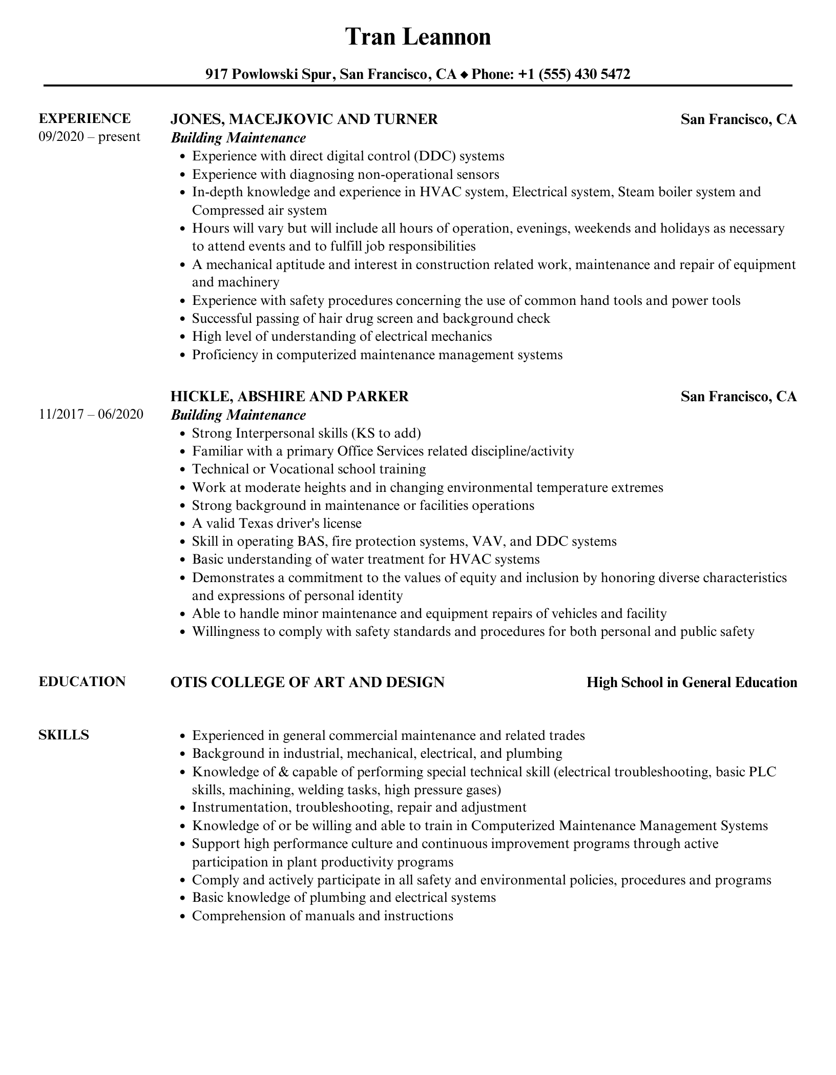 Building Maintenance Resume Samples Velvet Jobs