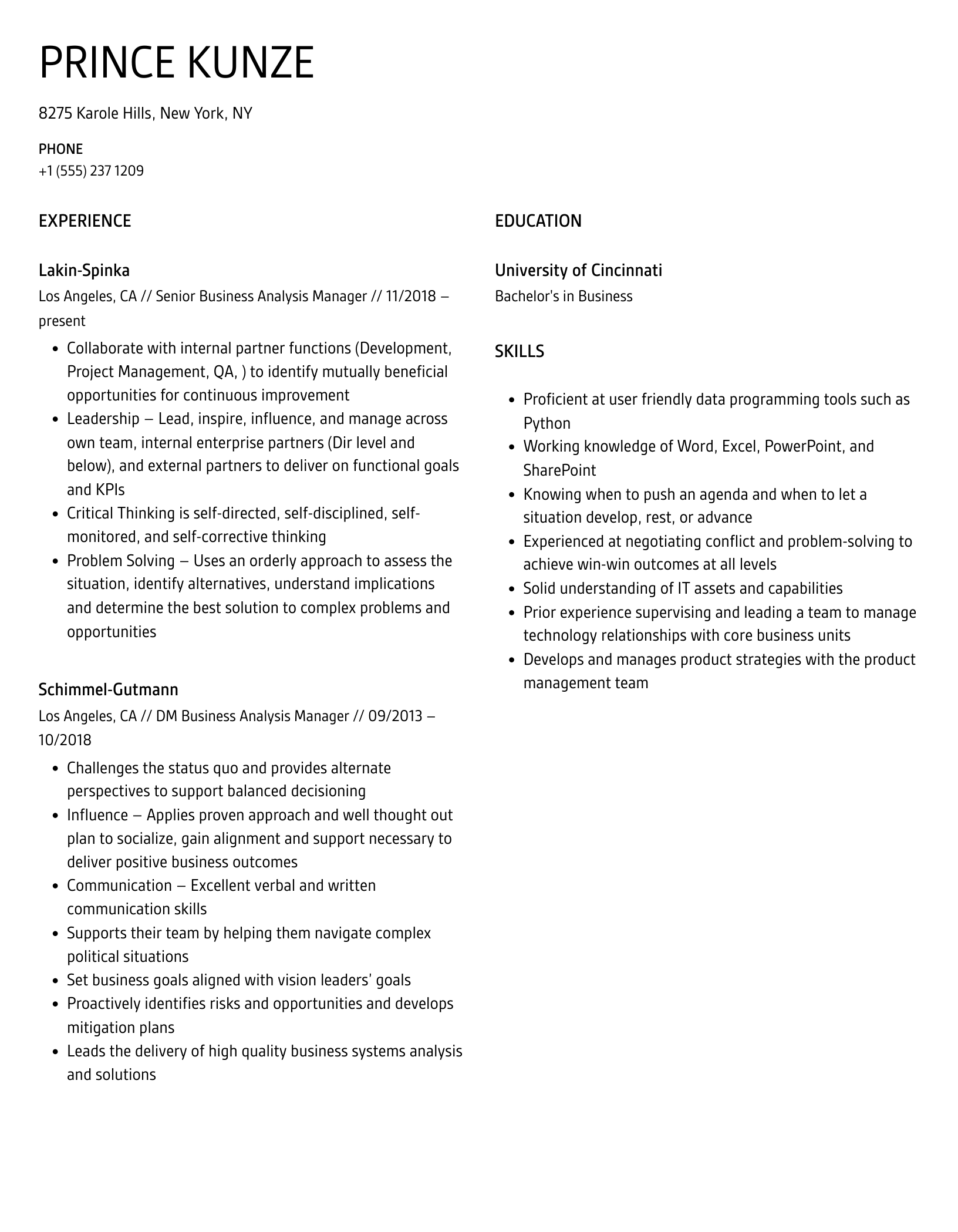 Business Analysis Manager Resume Samples Velvet Jobs