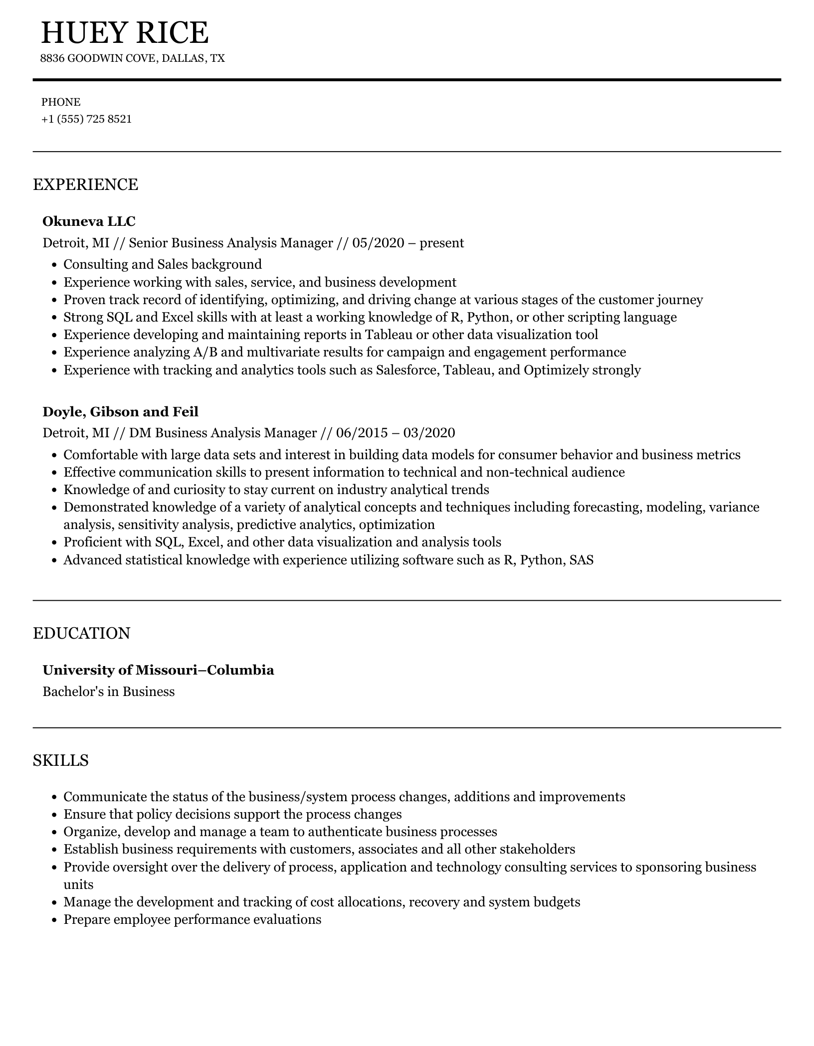 Business Analysis Manager Resume Samples Velvet Jobs