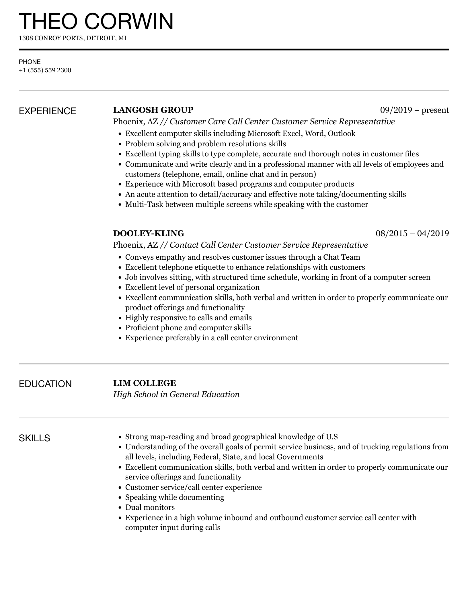 Call Center Customer Service Representative Resume Samples Velvet Jobs