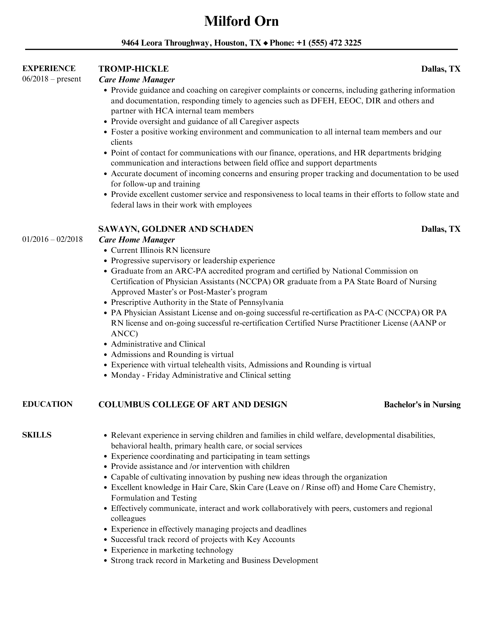 Care Home Manager Resume Samples Velvet Jobs