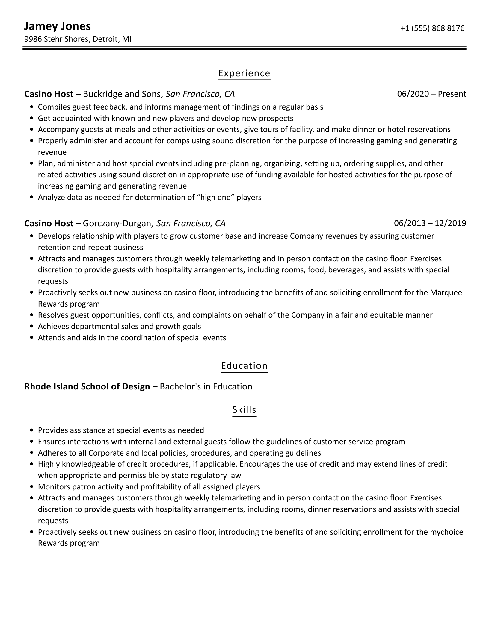 Casino Host Resume Samples Velvet Jobs