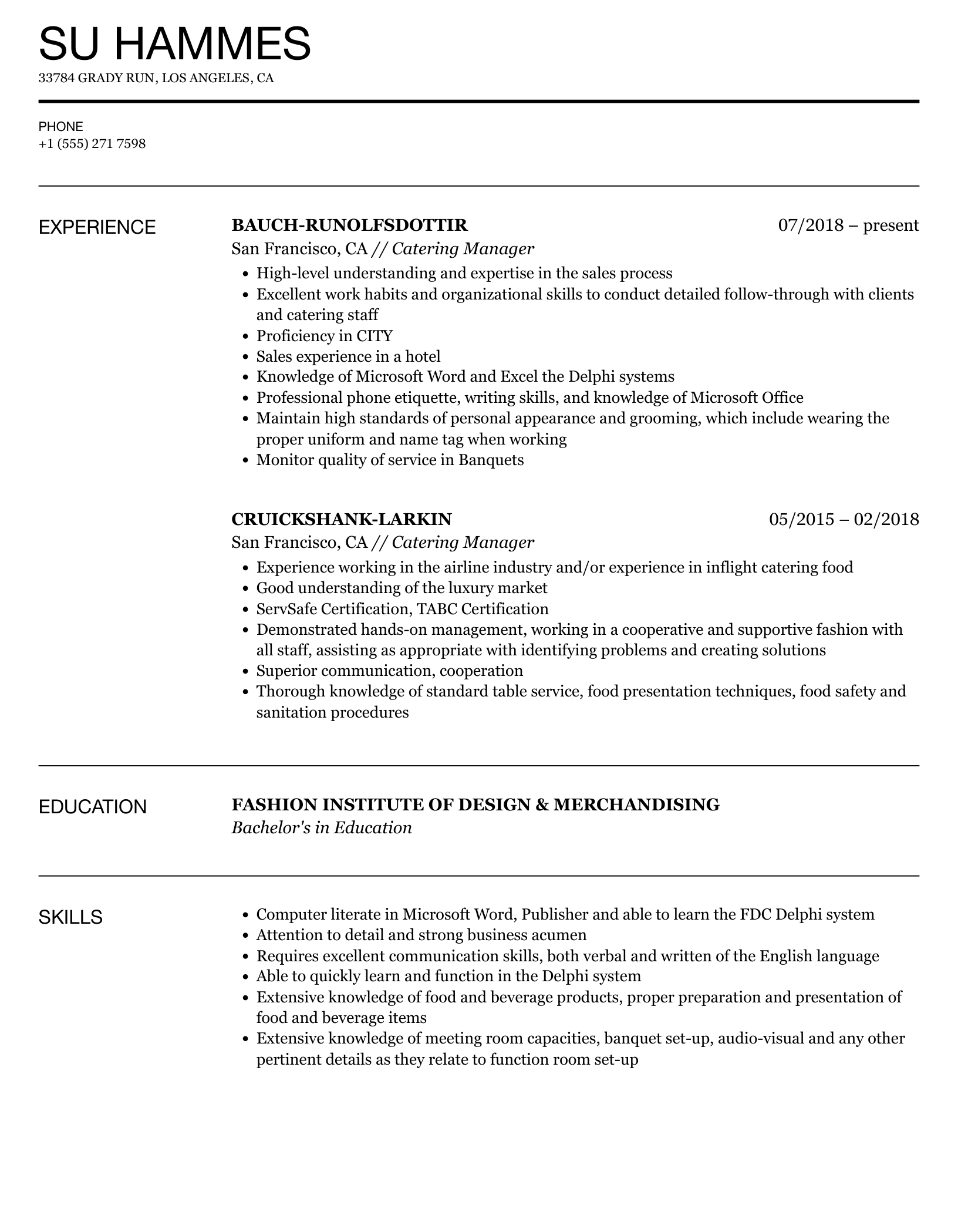 Catering Manager Resume Samples Velvet Jobs