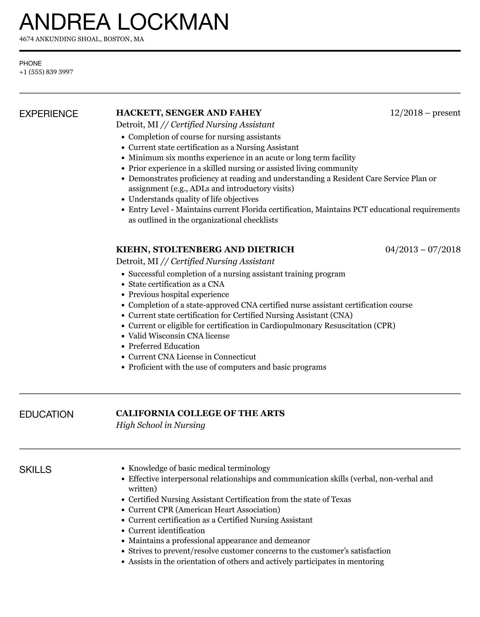 Certified Nursing Assistant Resume Samples Velvet Jobs