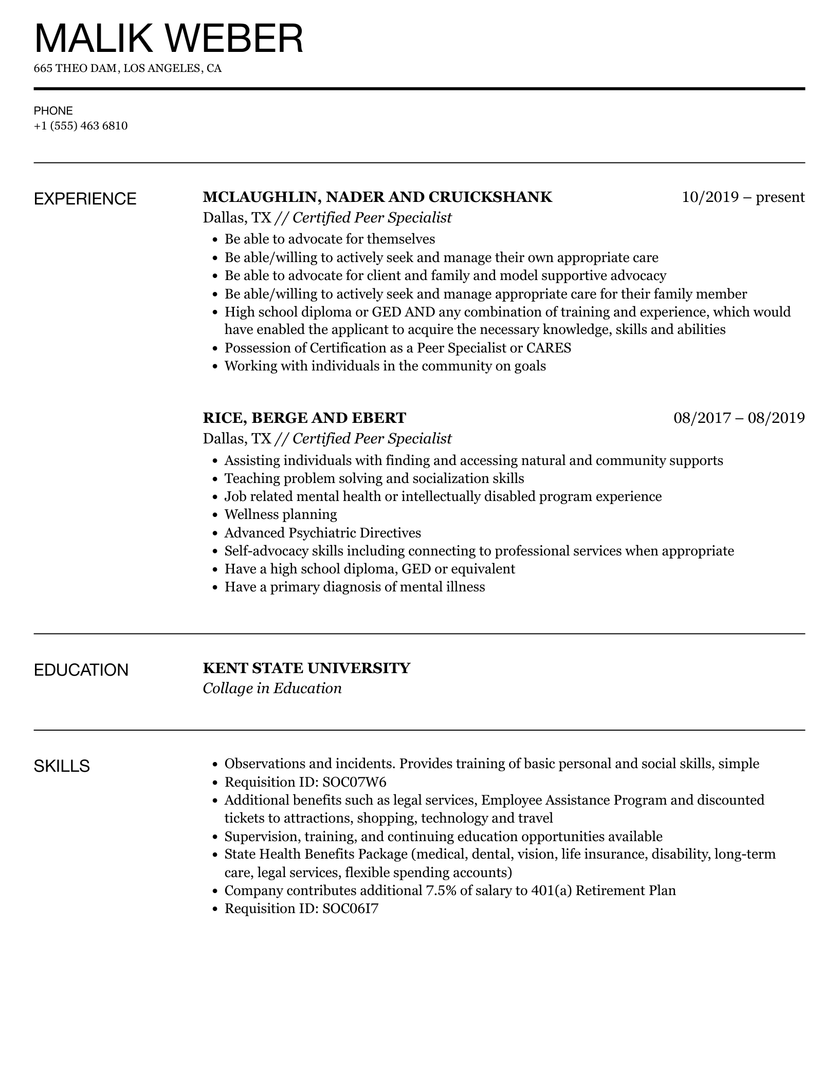 Certified Peer Specialist Resume Samples Velvet Jobs