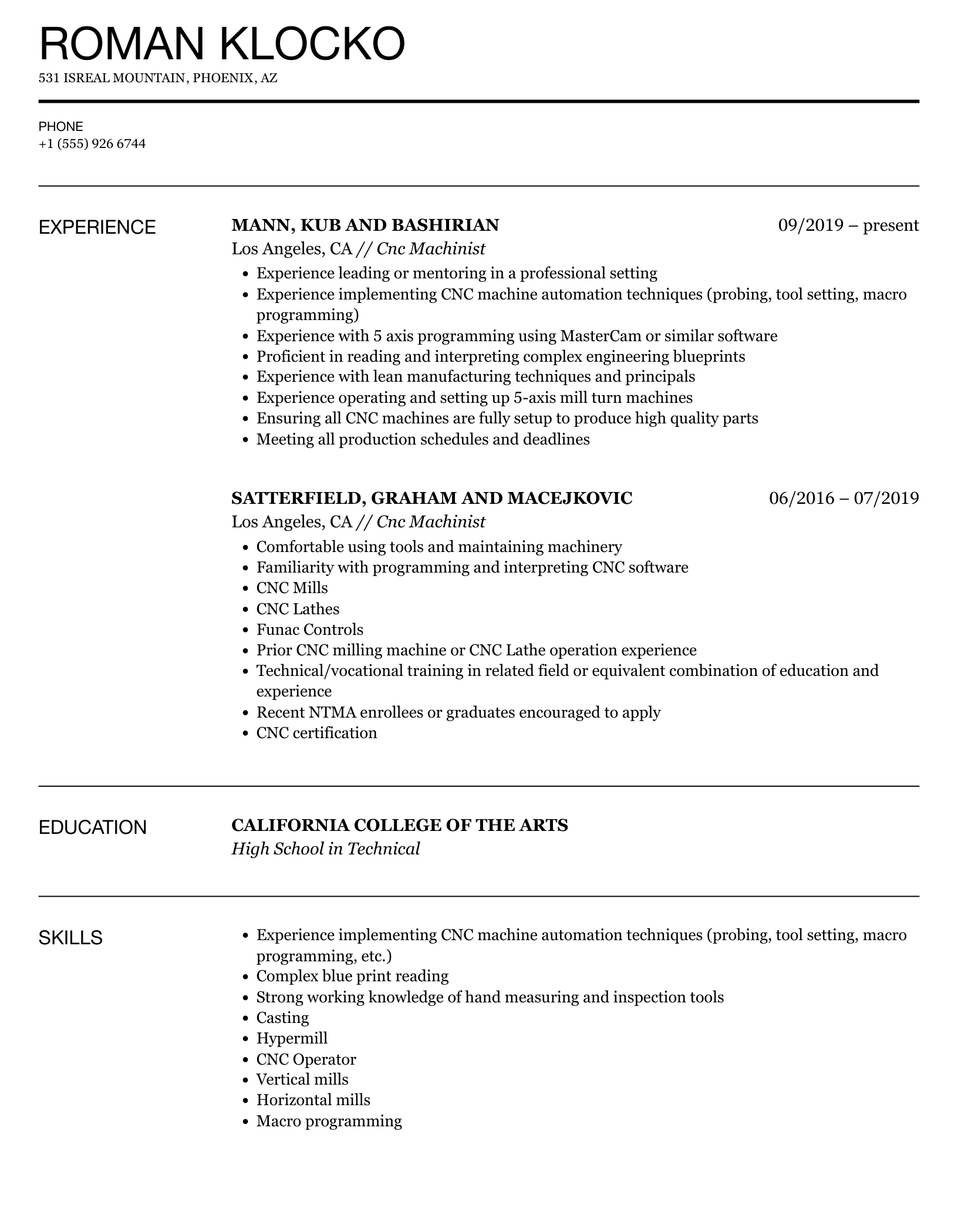 Cnc Machinist Resume Samples Velvet Jobs