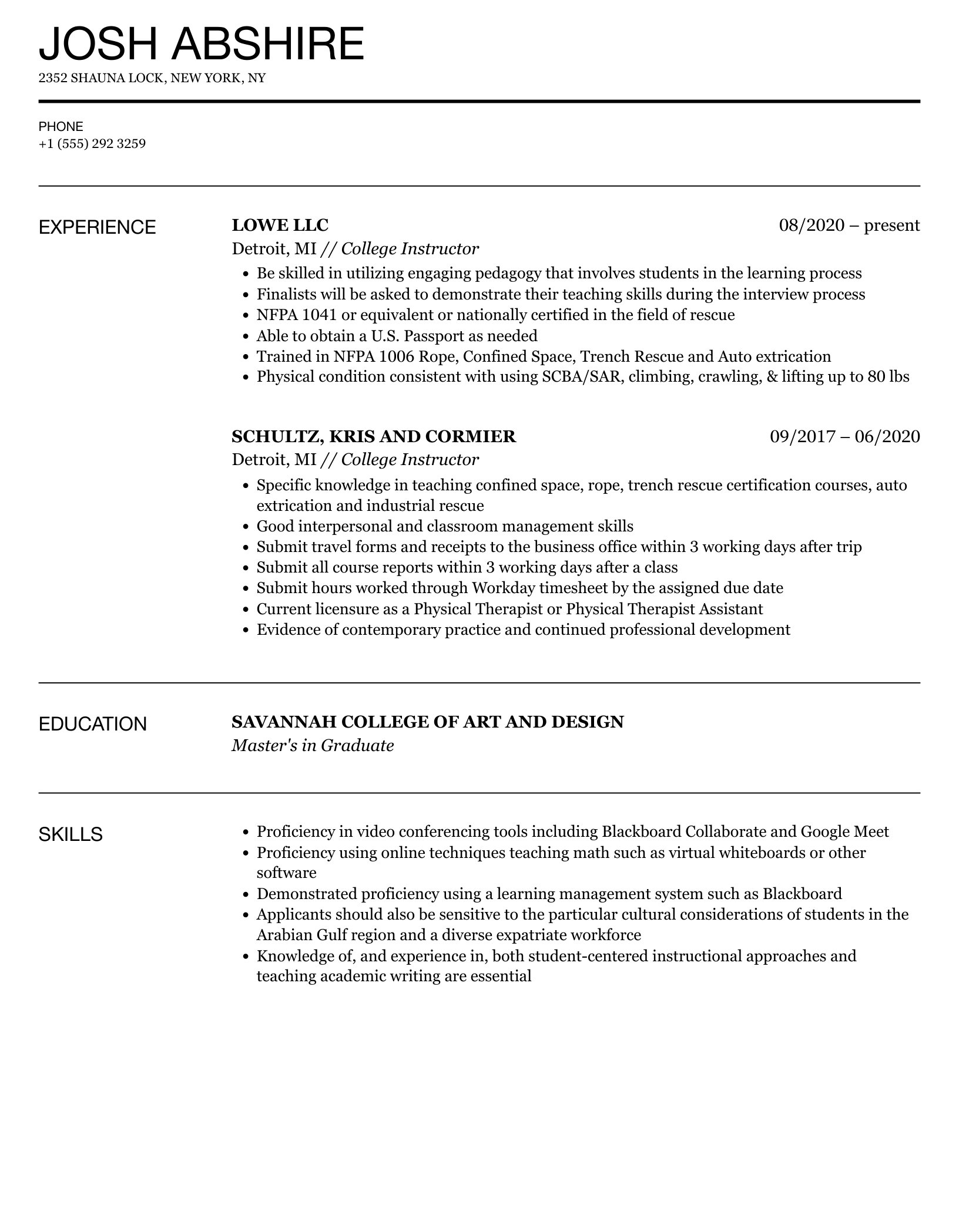 College Instructor Resume Samples Velvet Jobs