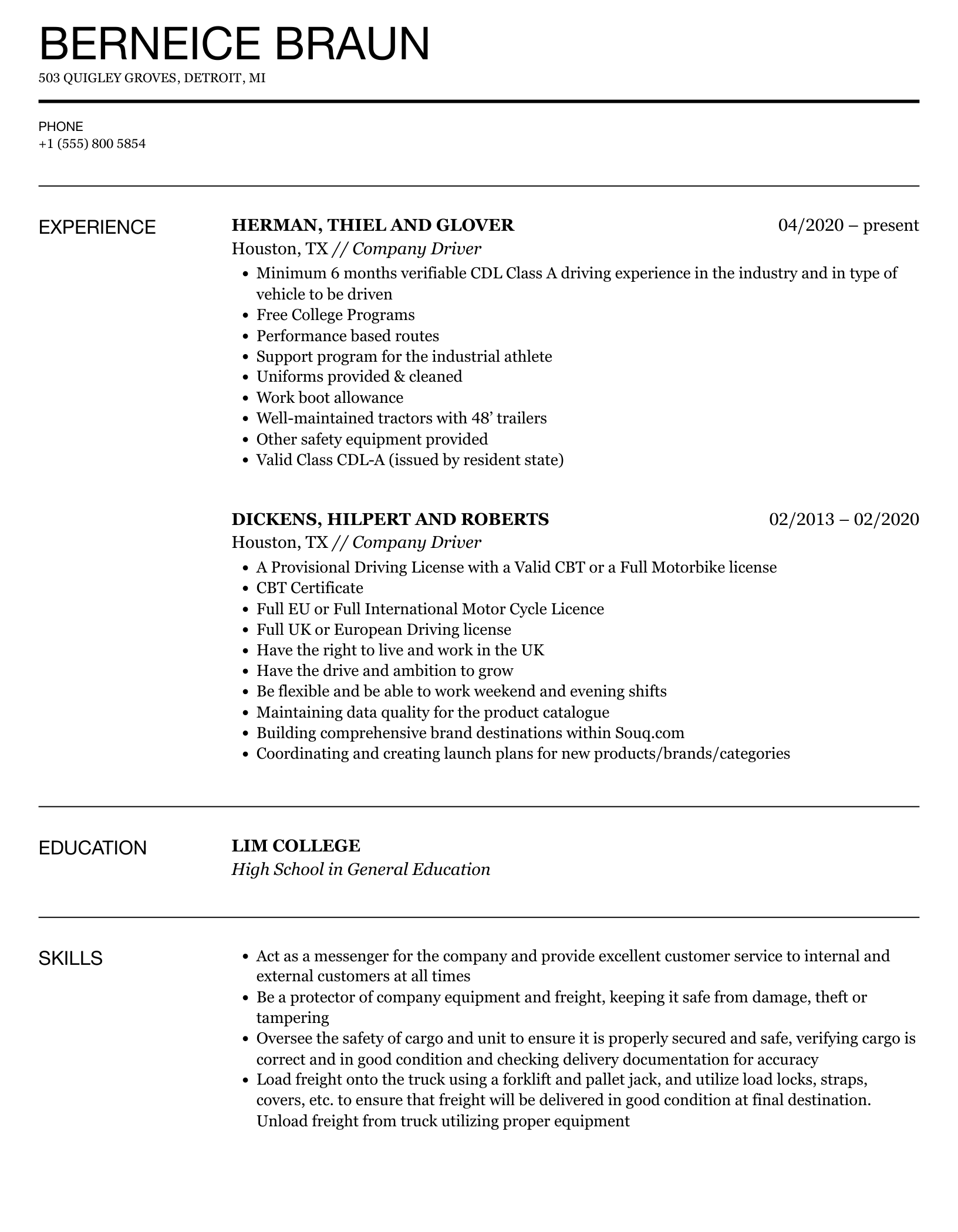 Company Driver Resume Samples Velvet Jobs