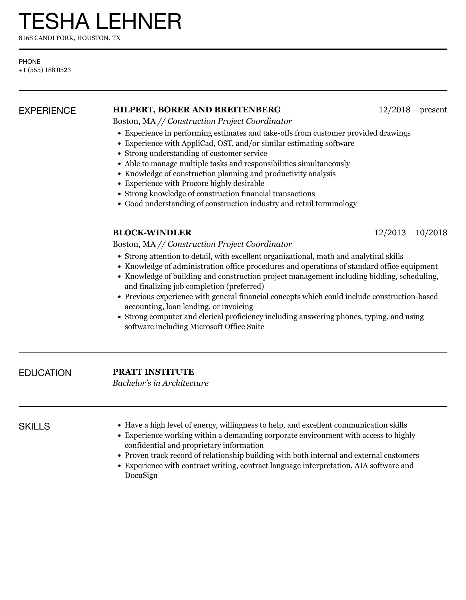 Construction Project Coordinator Resume Sample