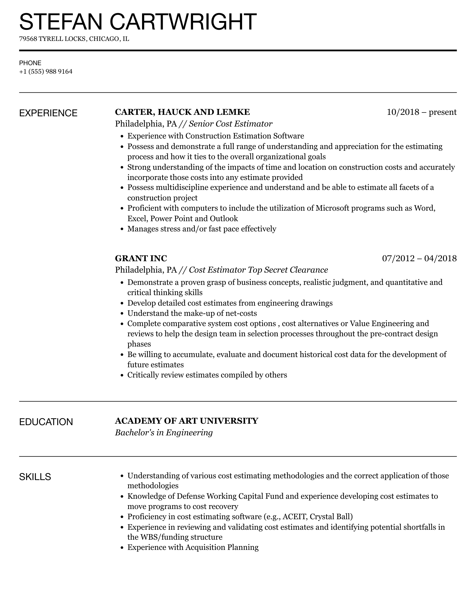 Construction Estimator Resume Sample Photos Cantik