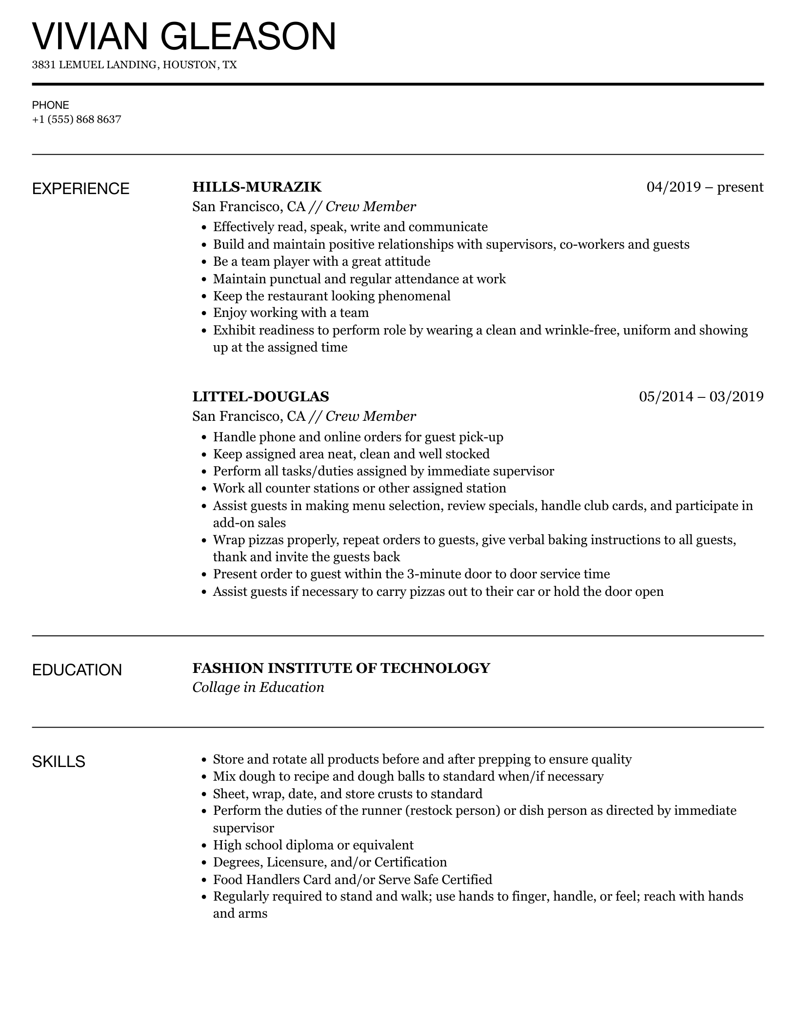 Crew Member Resume Samples Velvet Jobs