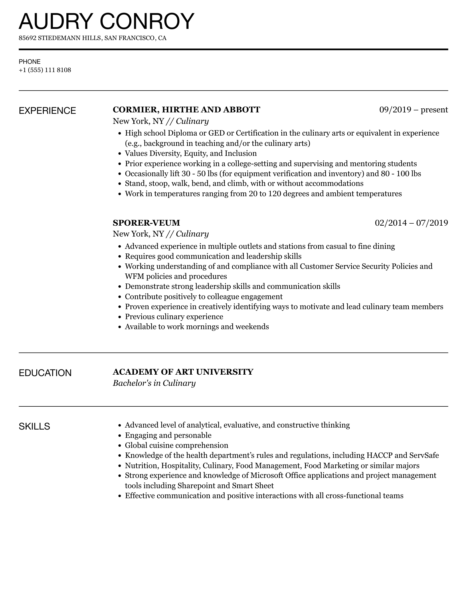 Culinary Student Resume 11emilio