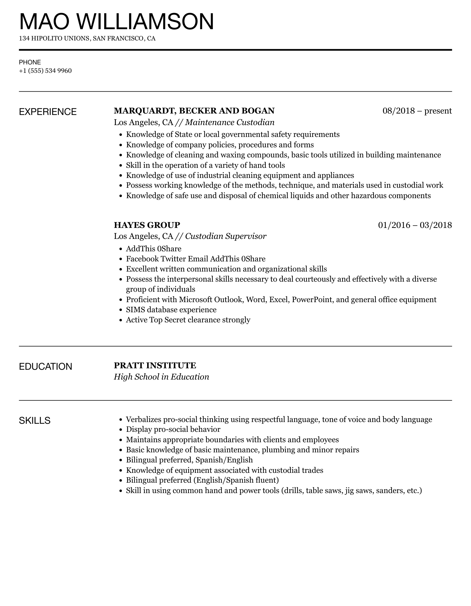 Resume For Custodian Omvorsaingtok