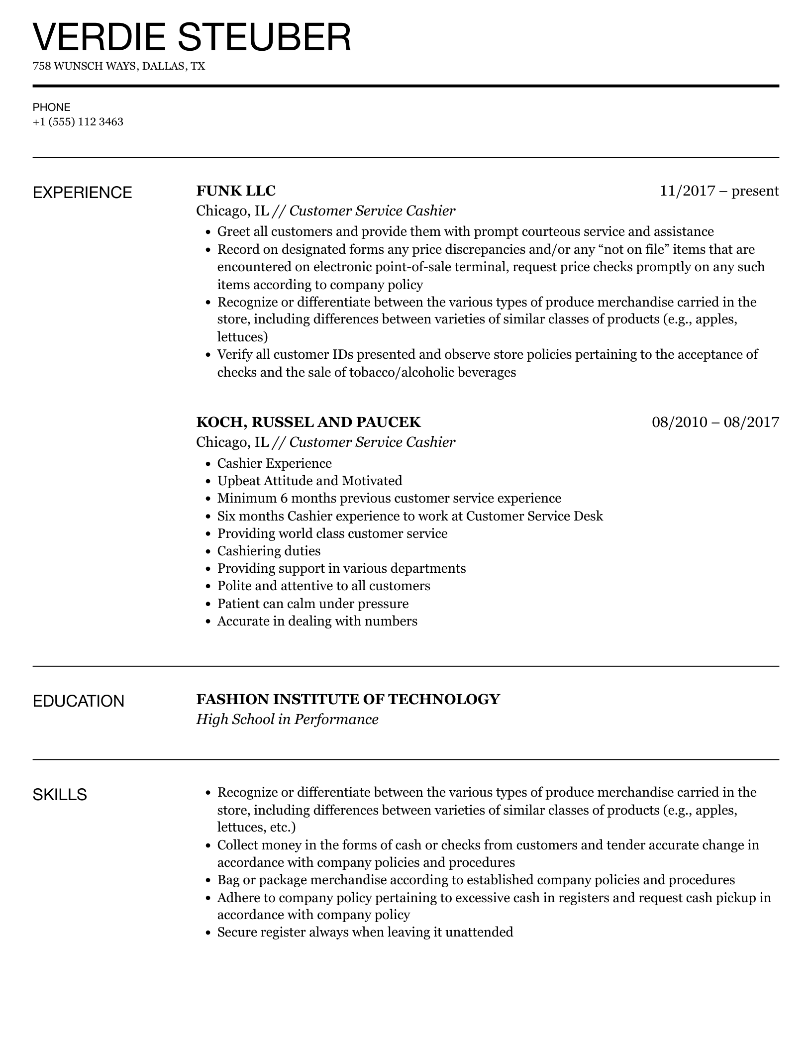 Customer Service Cashier Resume Samples Velvet Jobs