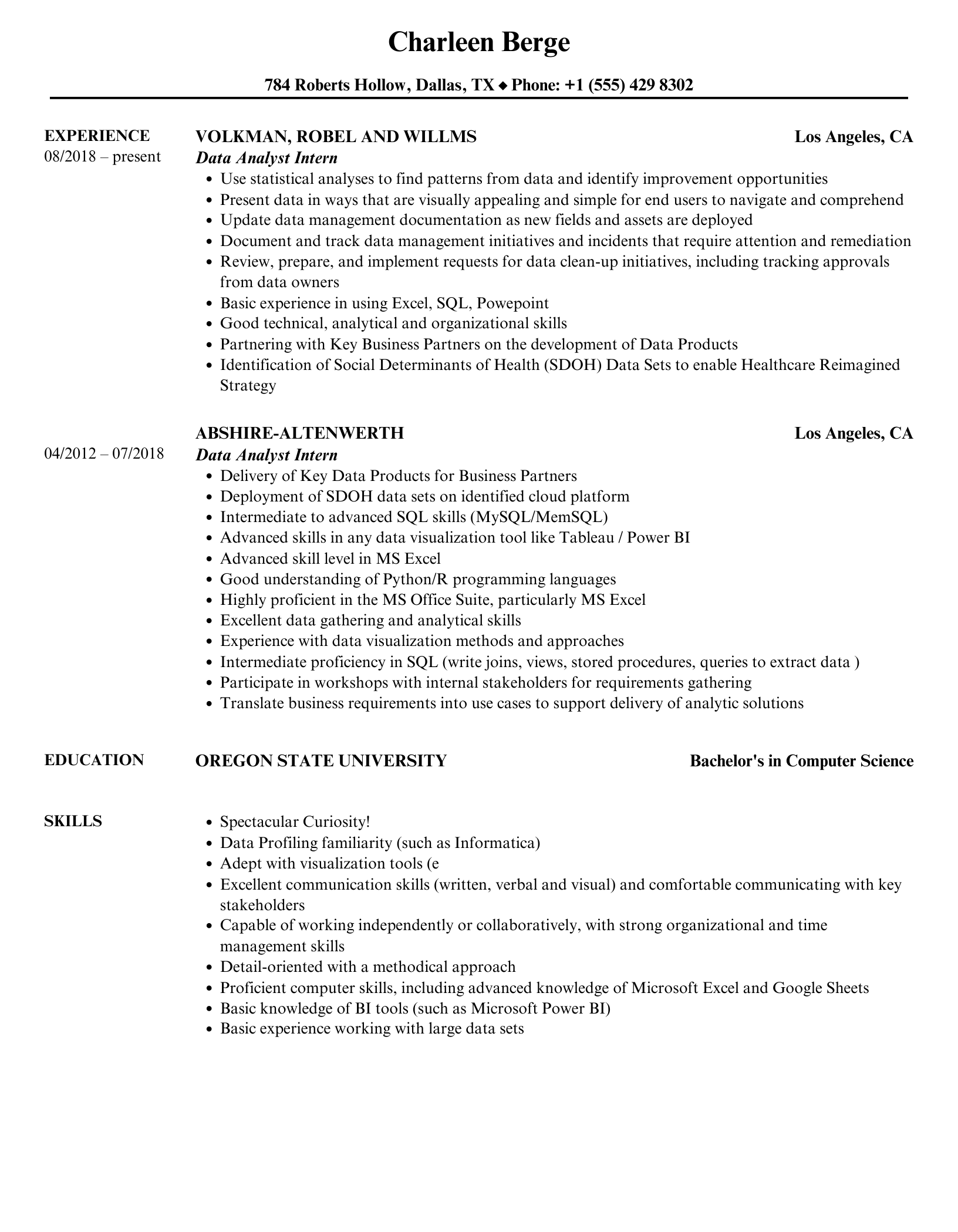 Data Analyst Intern Resume Samples Velvet Jobs