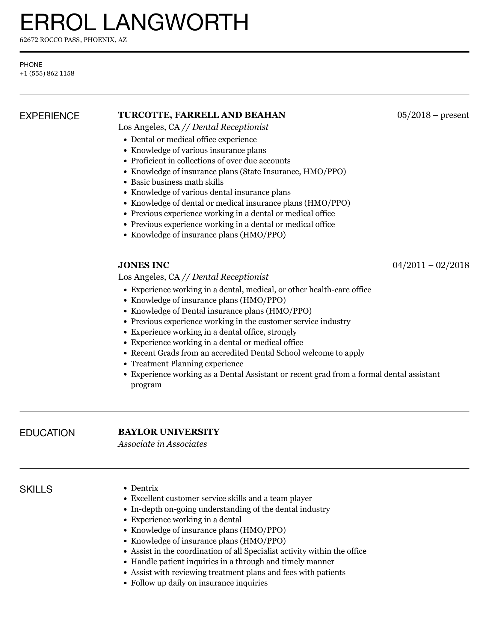 Dental Receptionist Resume Sample Ontariofamilycourtsrequirechanging