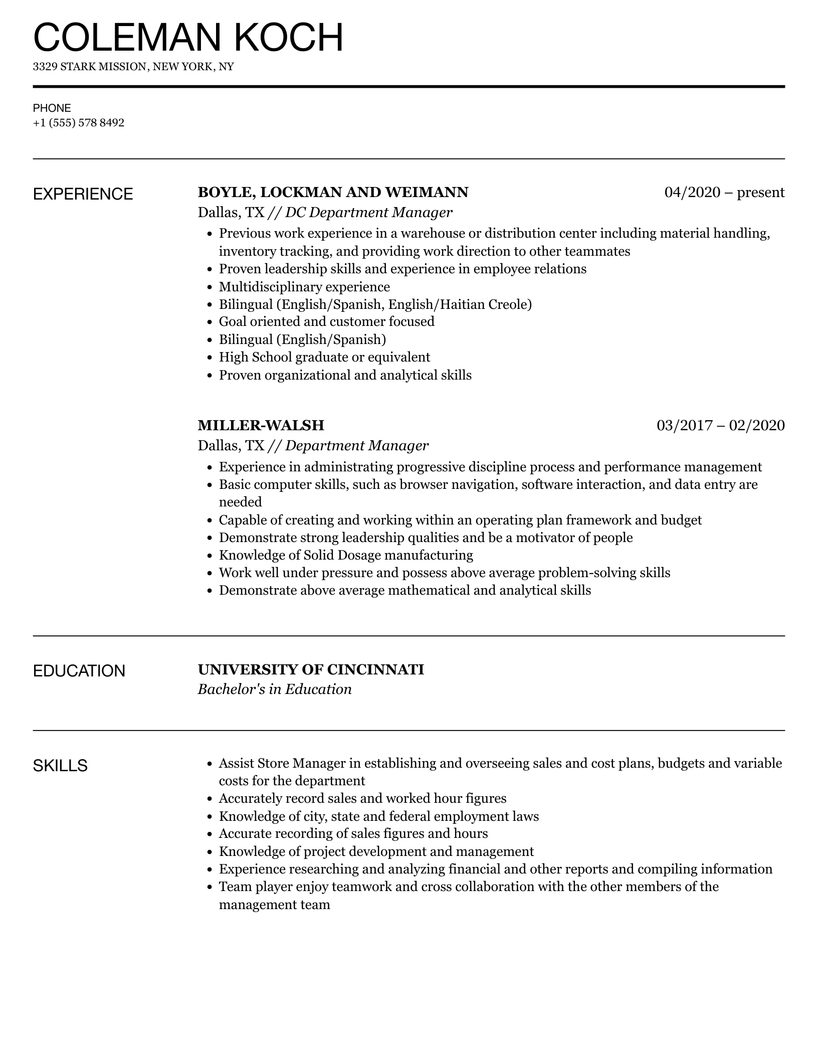 Department Manager Resume