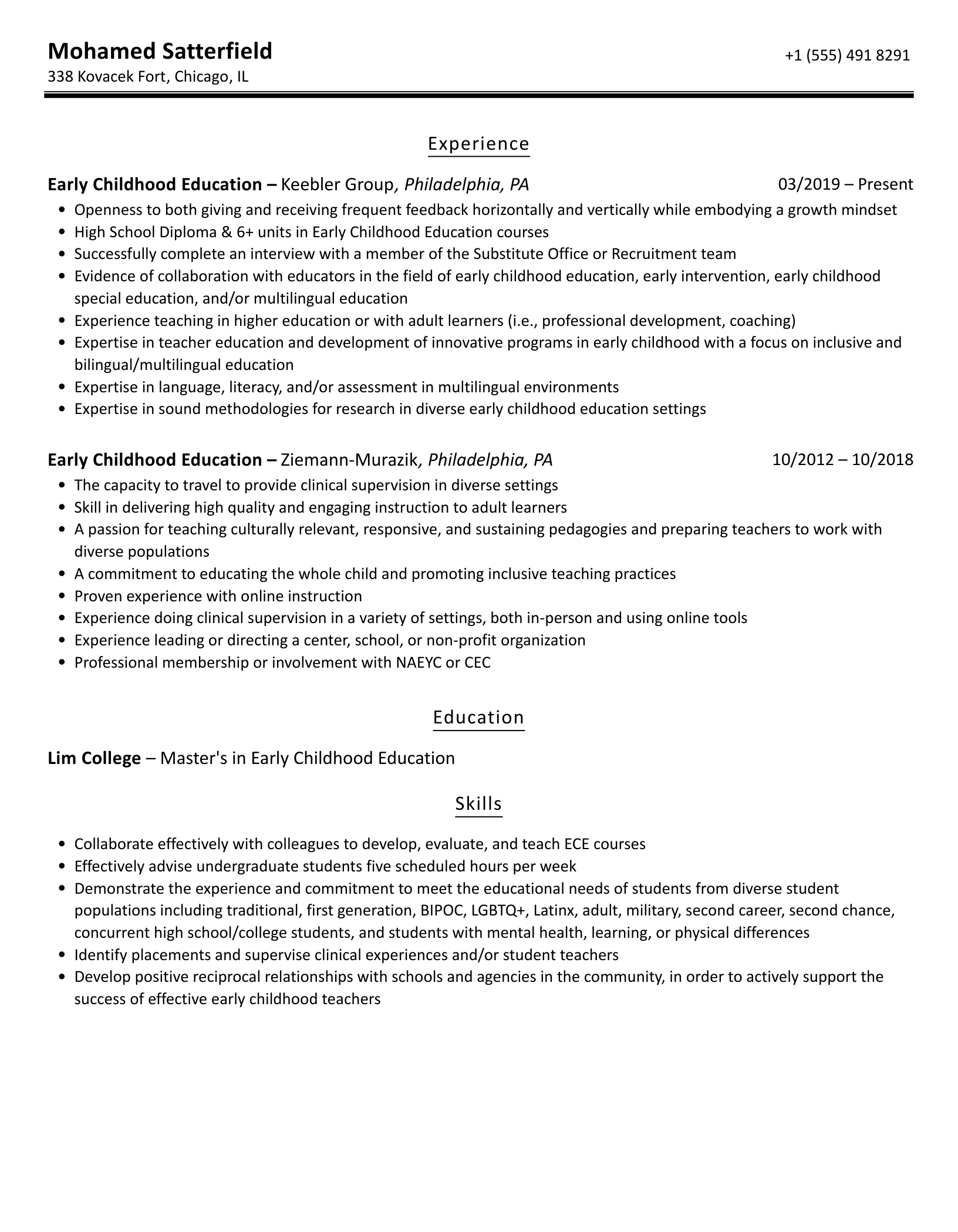 Early Childhood Education Resume Samples Velvet Jobs