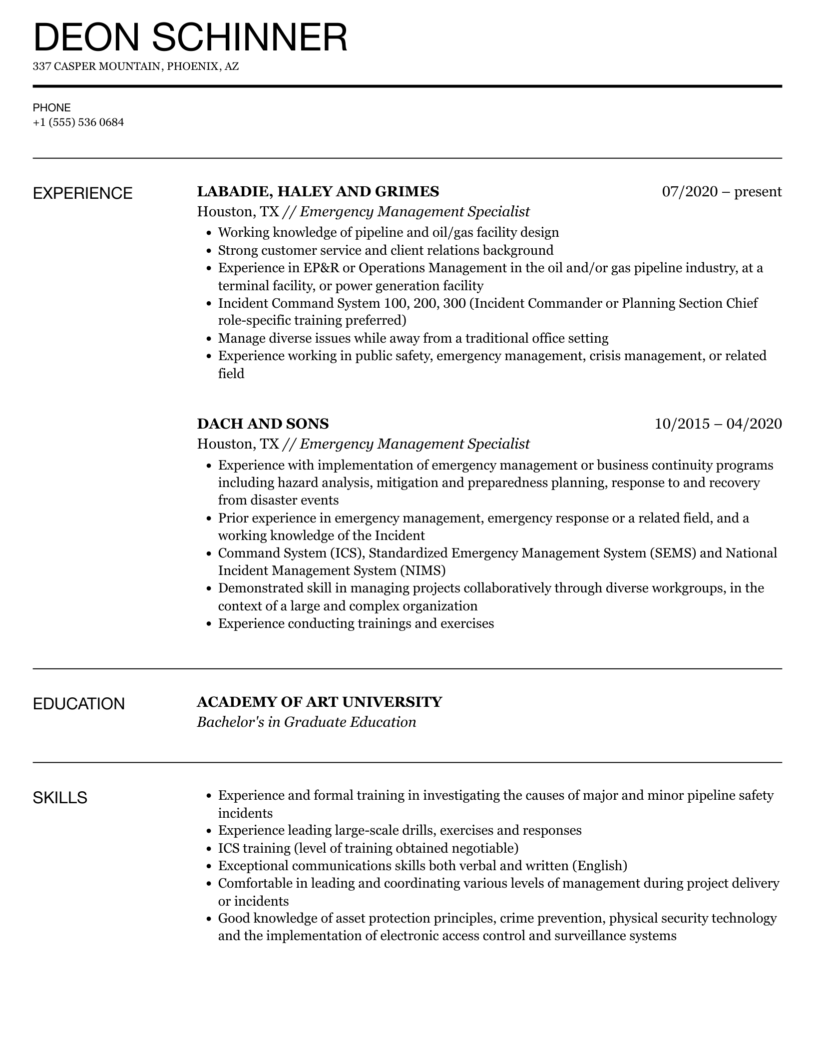 Emergency Management Specialist Resume Samples Velvet Jobs