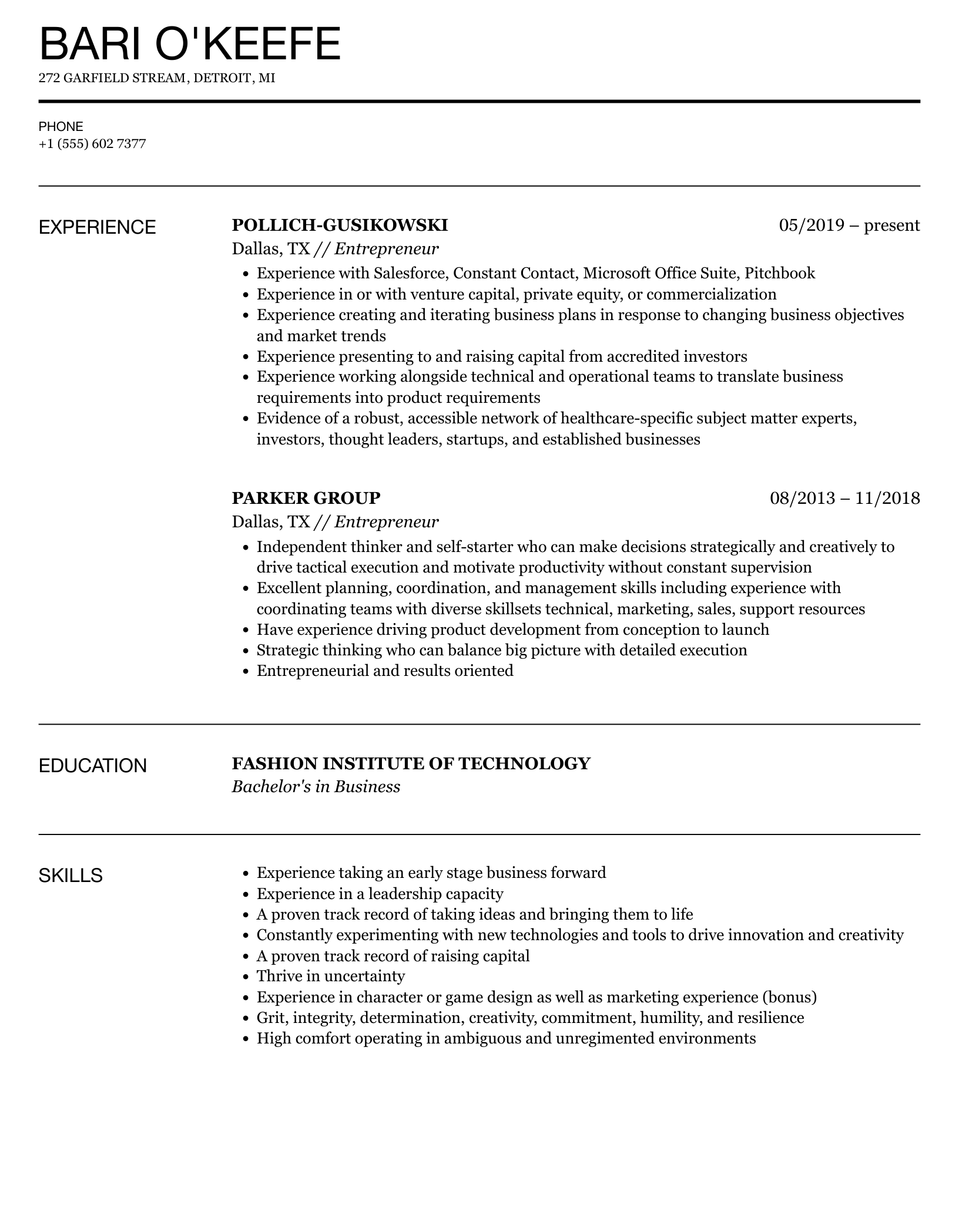 Entrepreneur Resume Samples Velvet Jobs