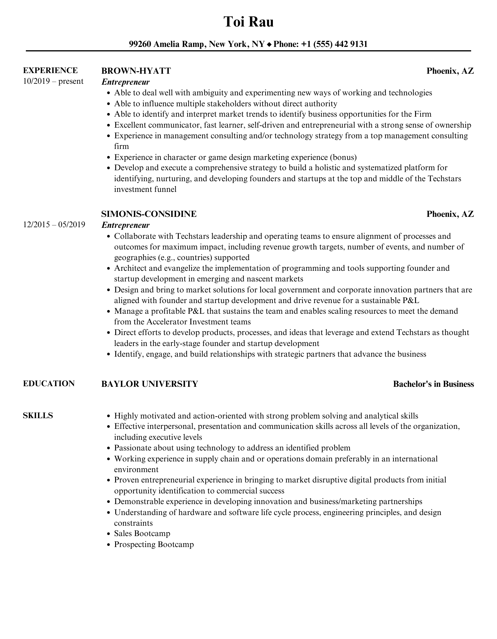 Entrepreneur Resume Samples Velvet Jobs