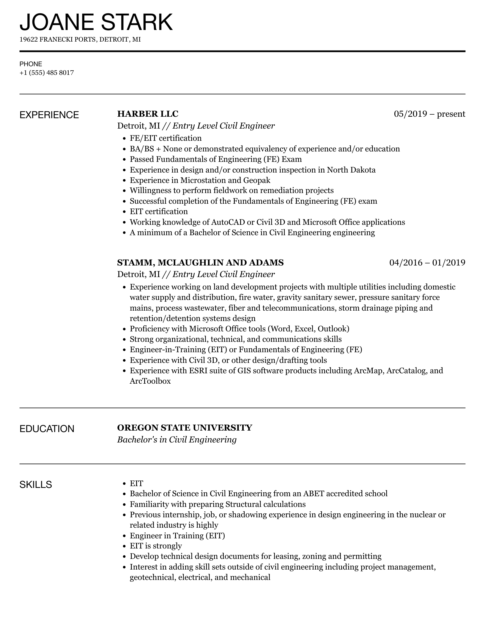 Entry Level Civil Engineering Resume
