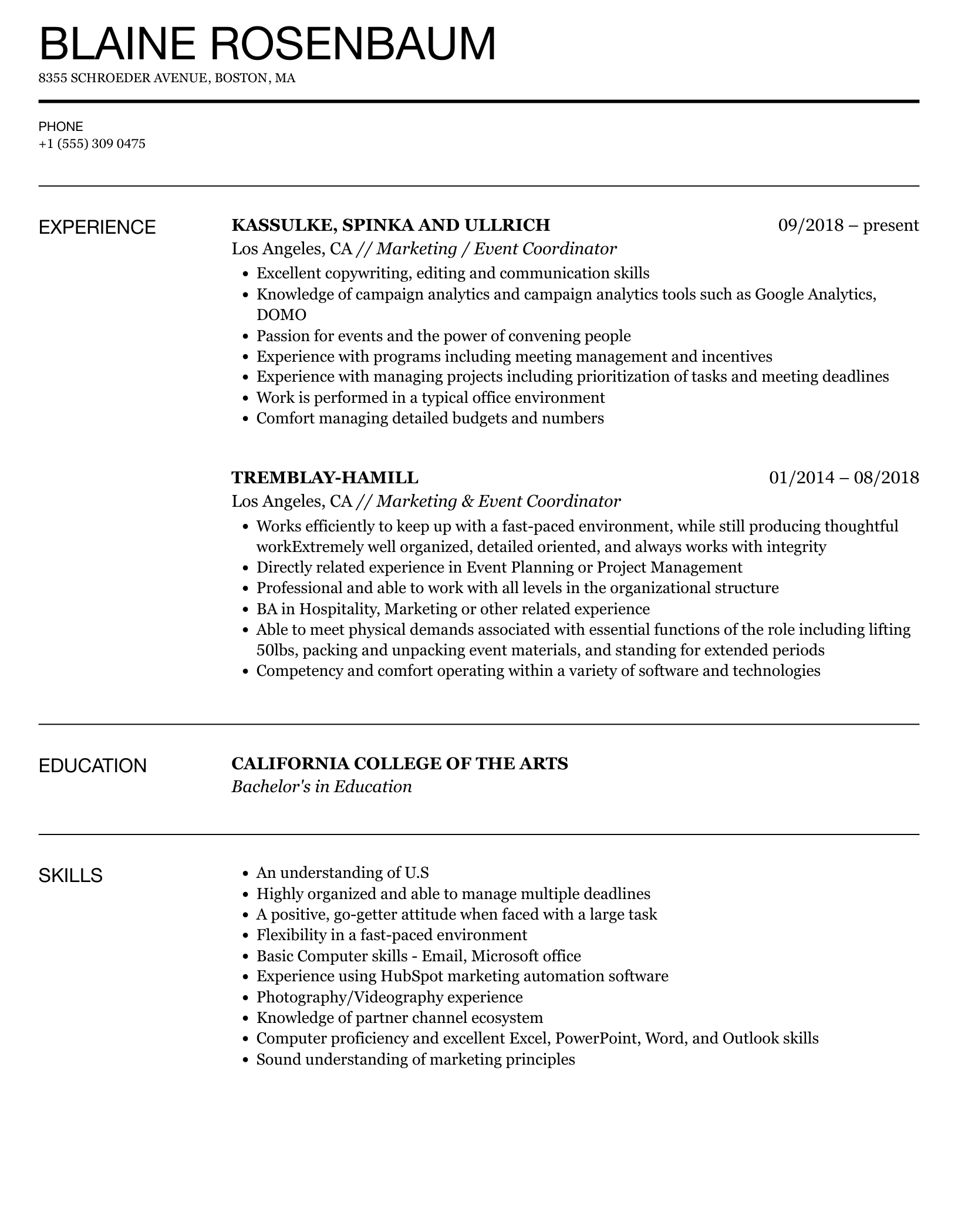 Special Event Coordinator Resume Sample
