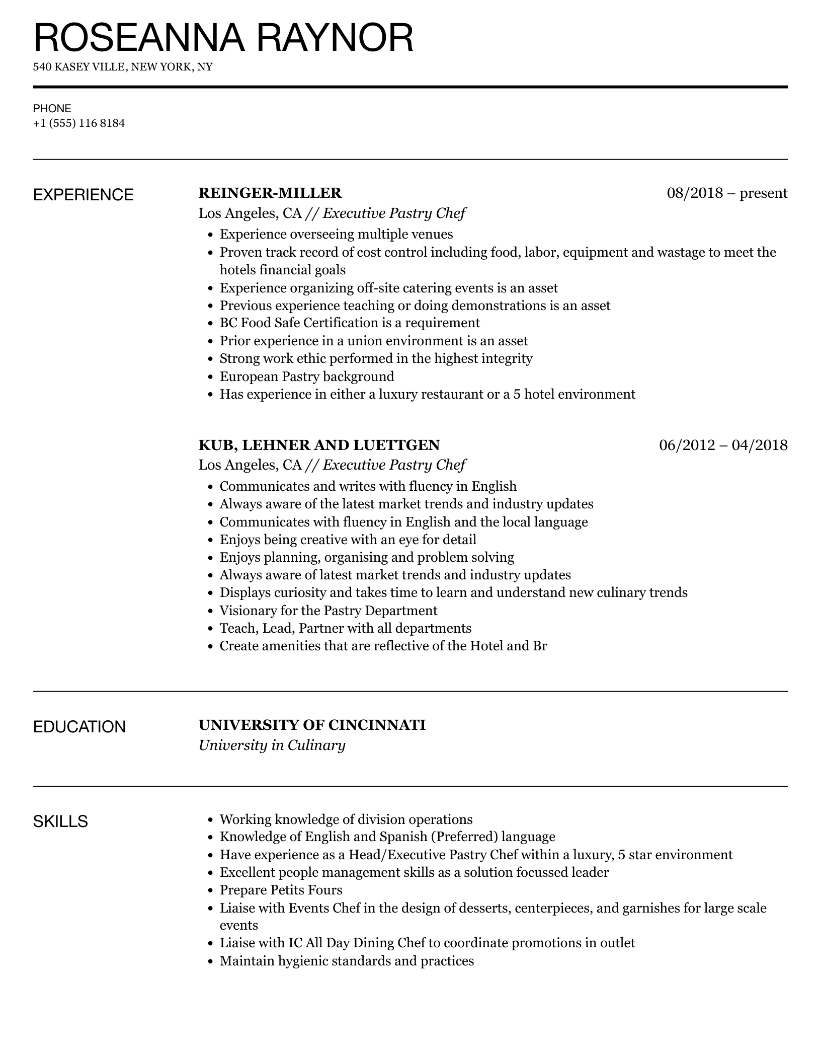 Executive Pastry Chef Resume Samples Velvet Jobs