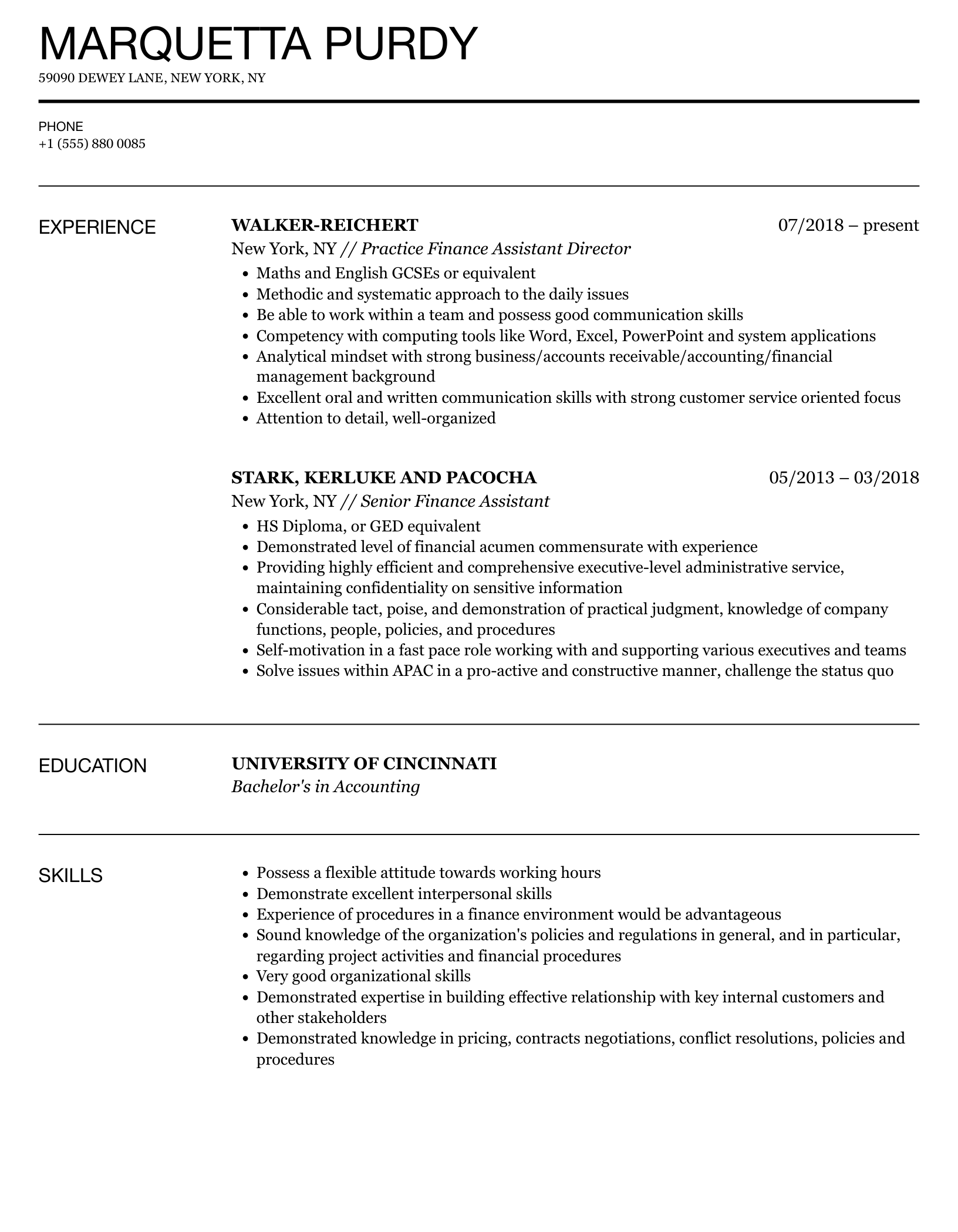Finance Assistant Resume Sample