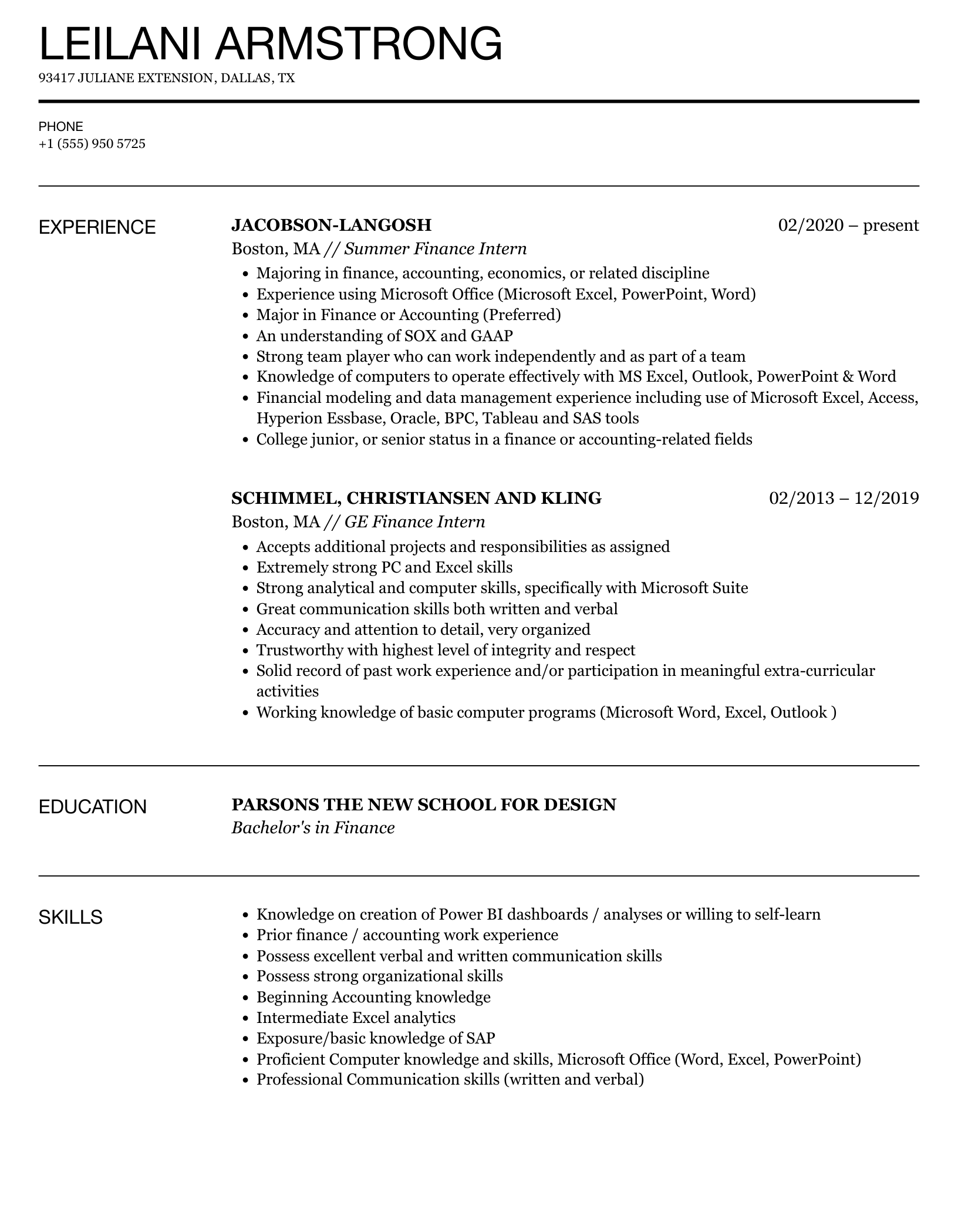 Resume Template For Finance Internship Prntbl concejomunicipaldechinu