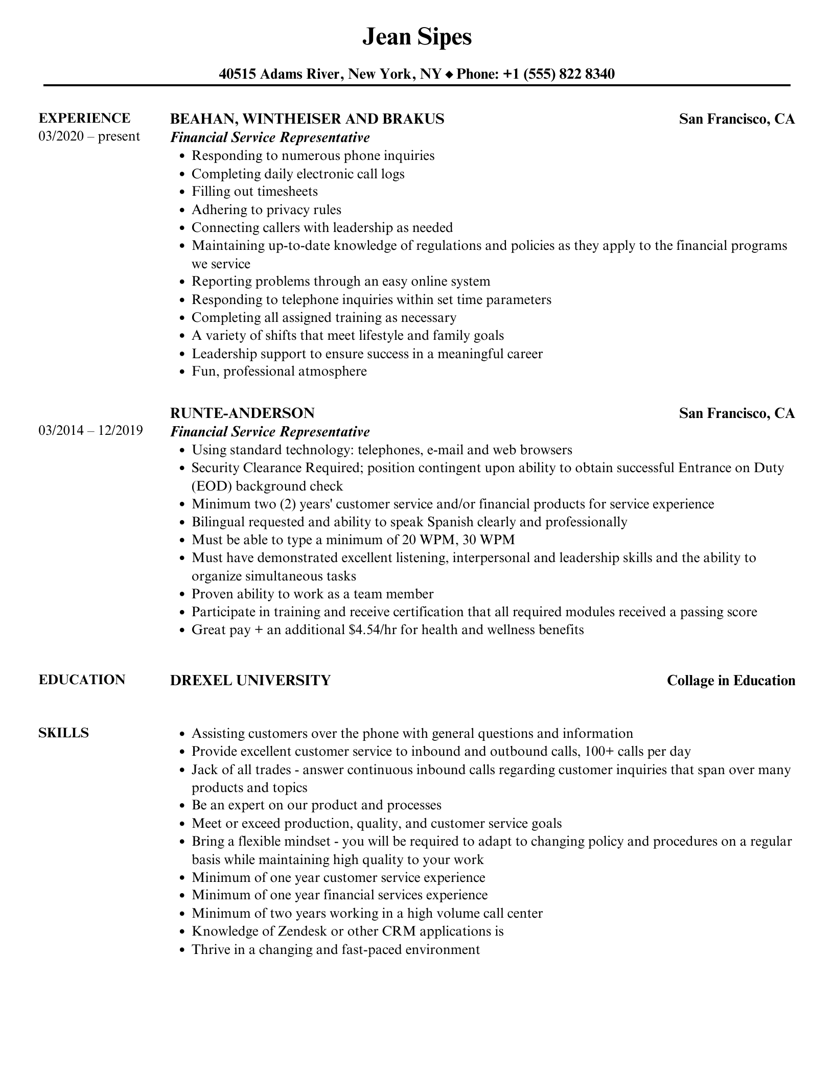 Financial Service Representative Resume Samples Velvet Jobs
