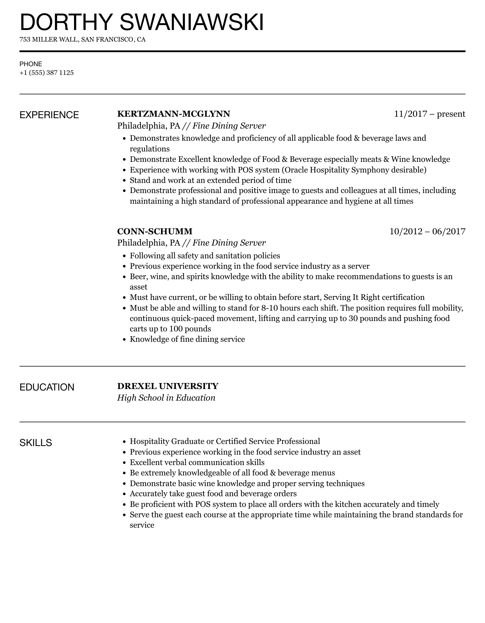 Fine Dining Server Resume Sample Luisalvesthomaz