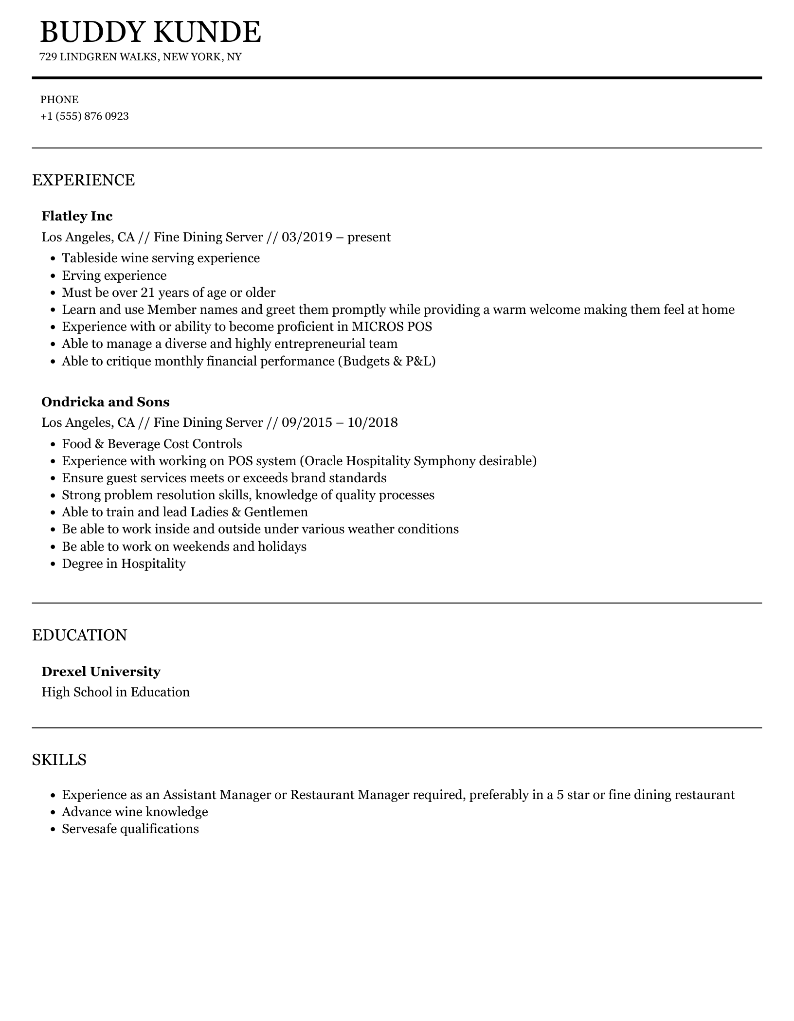 Fine Dining Server Resume Sample Luisalvesthomaz