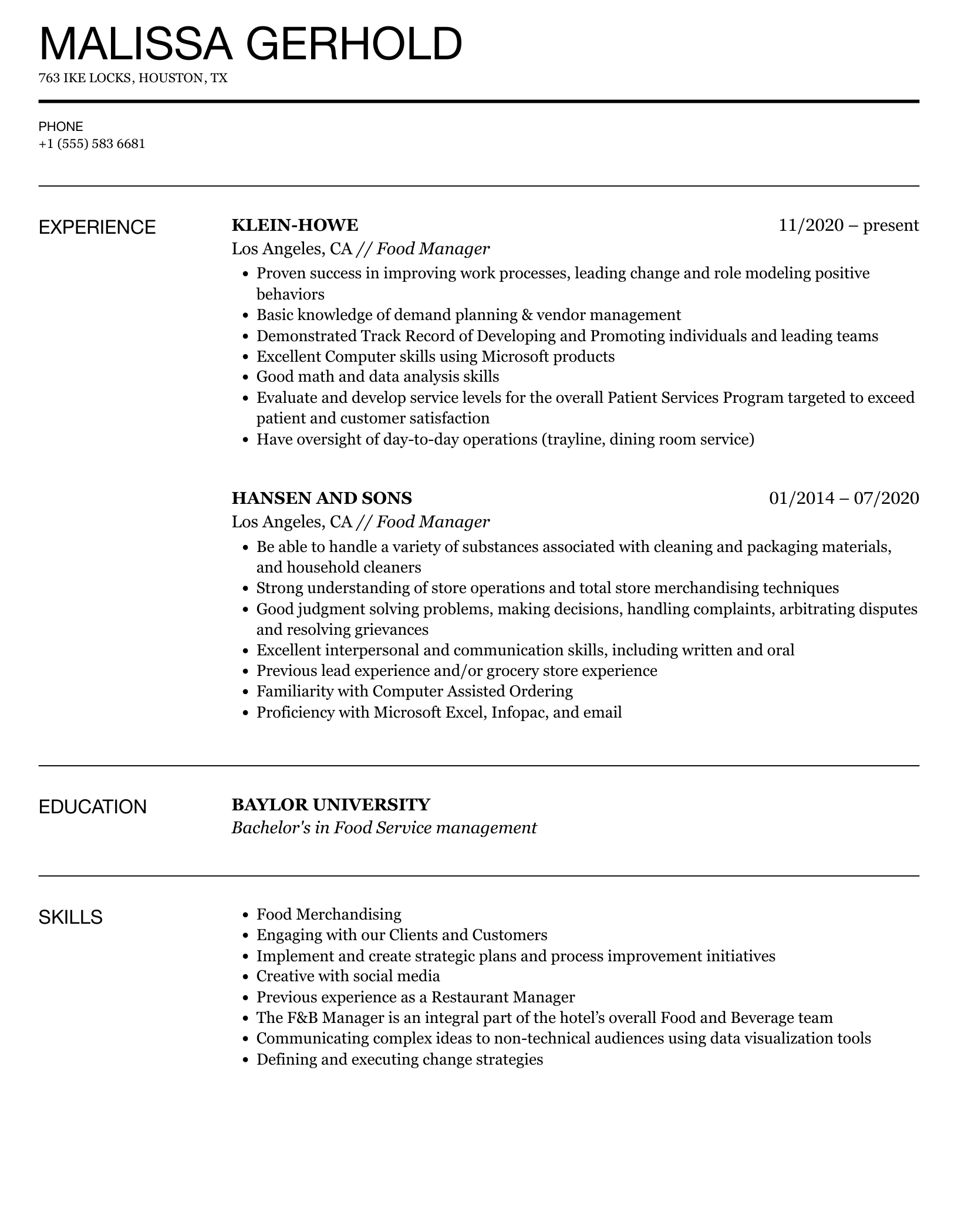 Food Manager Resume Samples Velvet Jobs