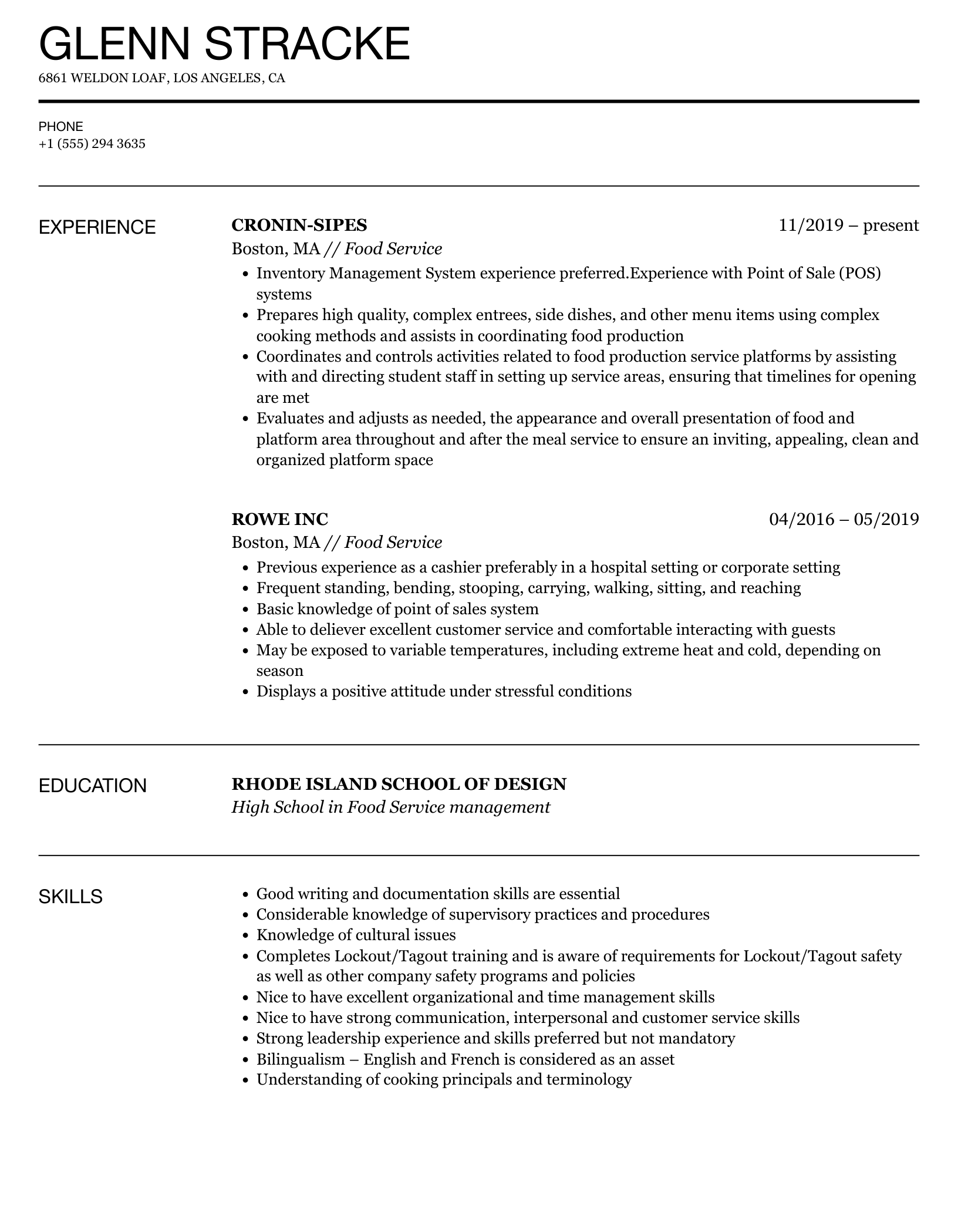 Resume For Food Service Fernandaefilhos Blog