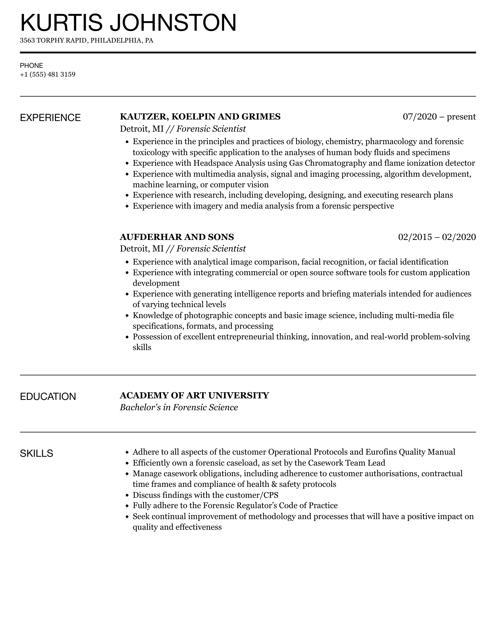 Forensic Science Resume Forensic Science Resume