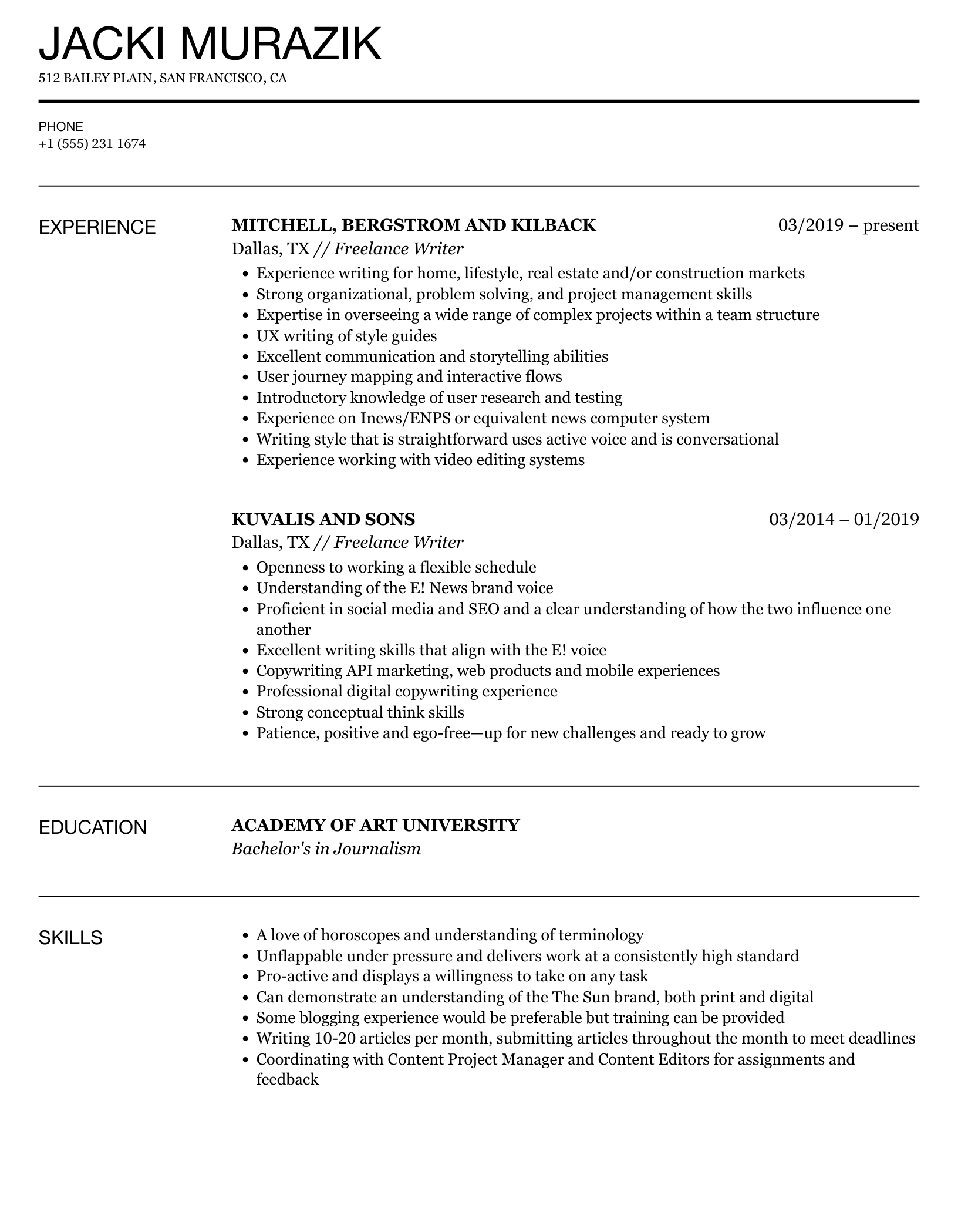 Freelance Writer Resume Samples Velvet Jobs
