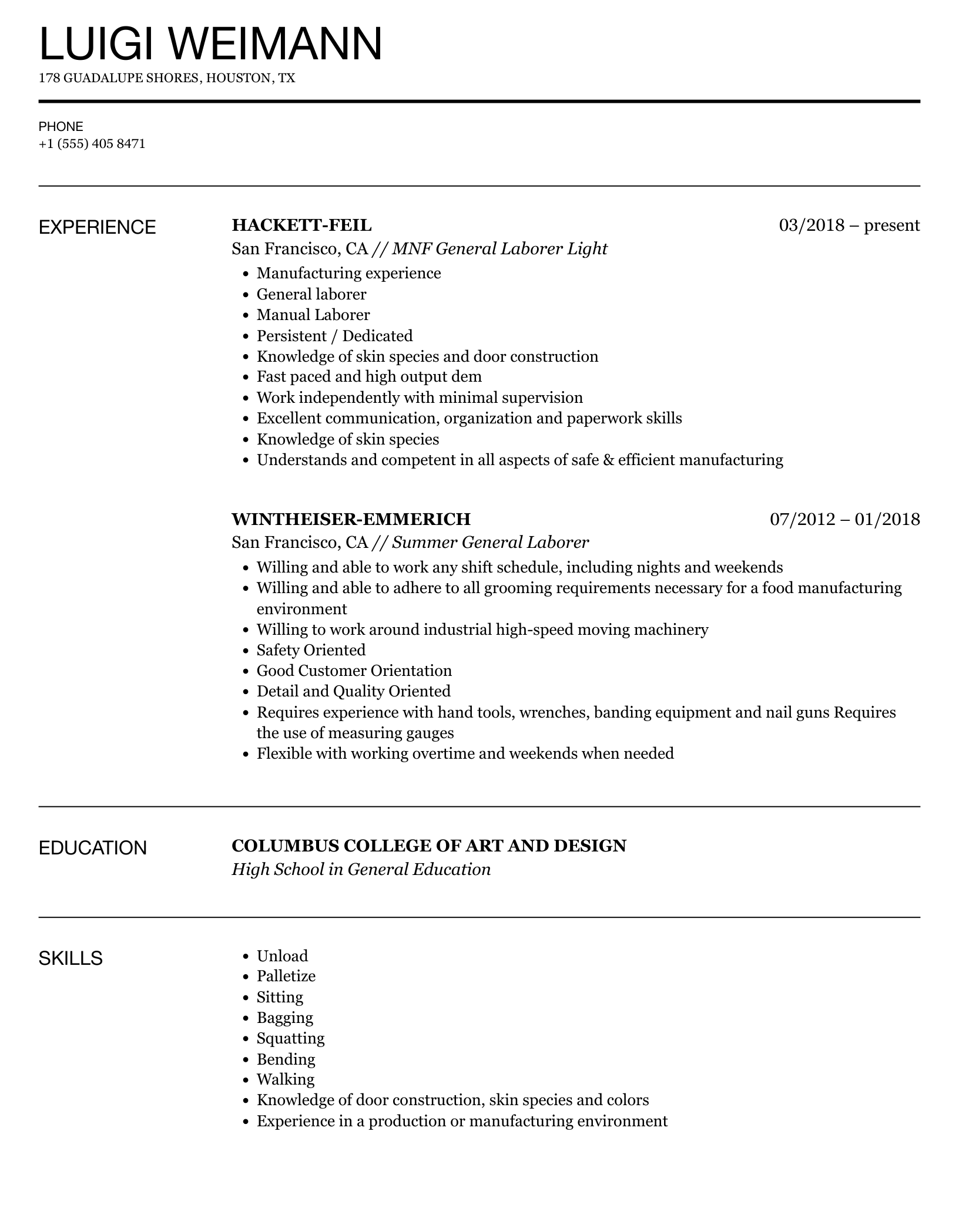 General Labor Resume