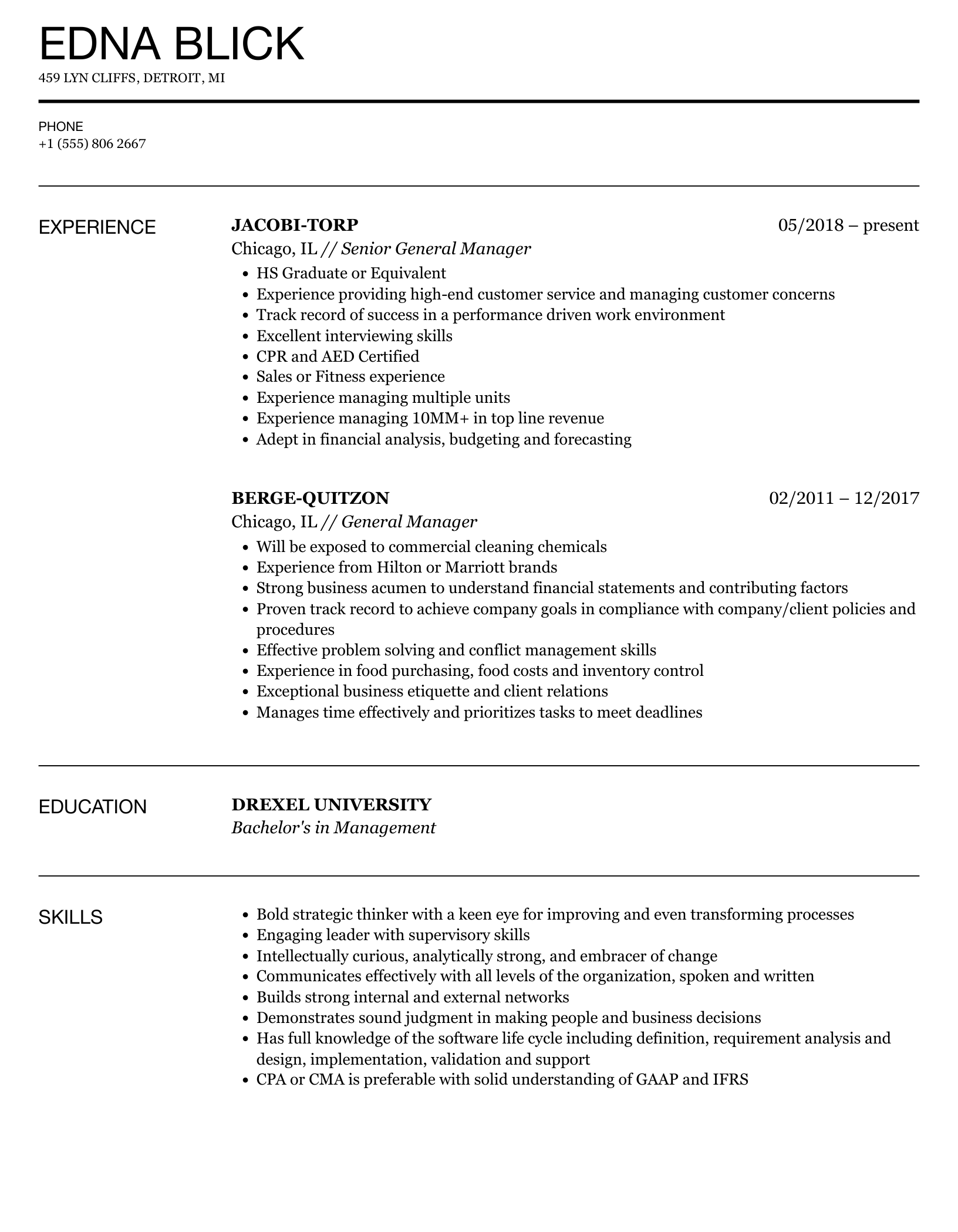 General Manager Resume Samples Velvet Jobs