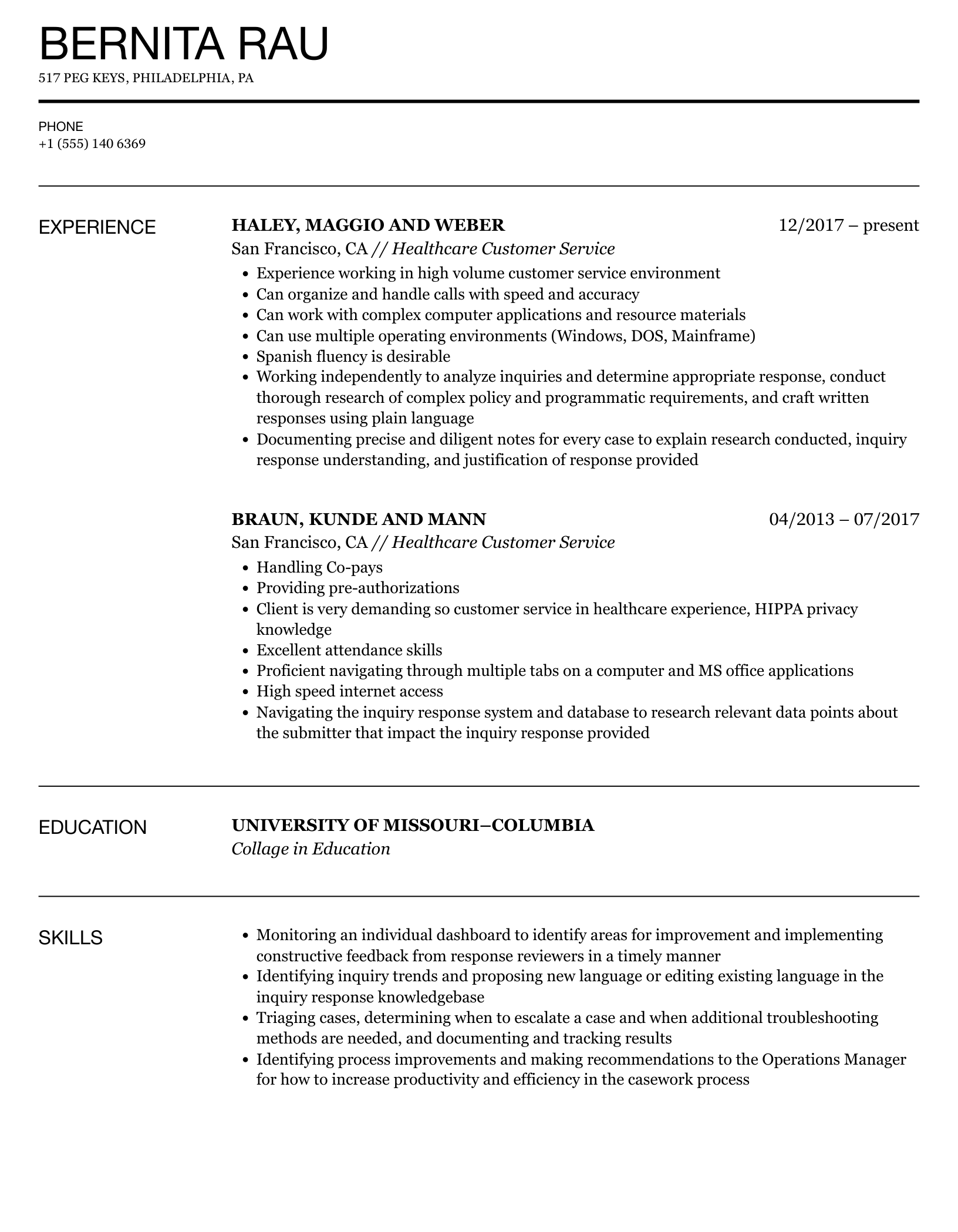 Healthcare Customer Service Resume Samples Velvet Jobs