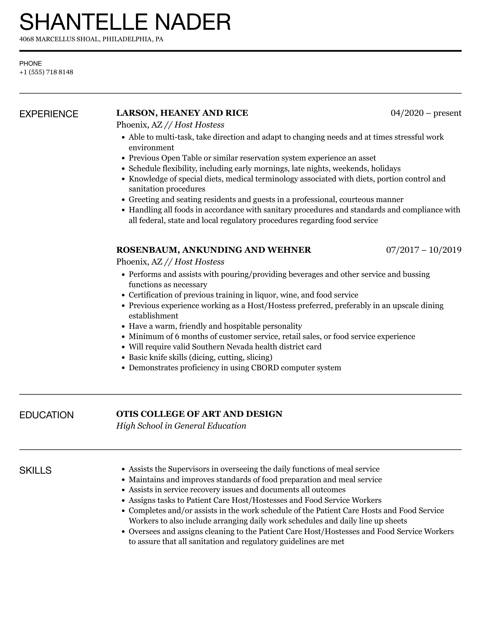 Host Hostess Resume Samples Velvet Jobs